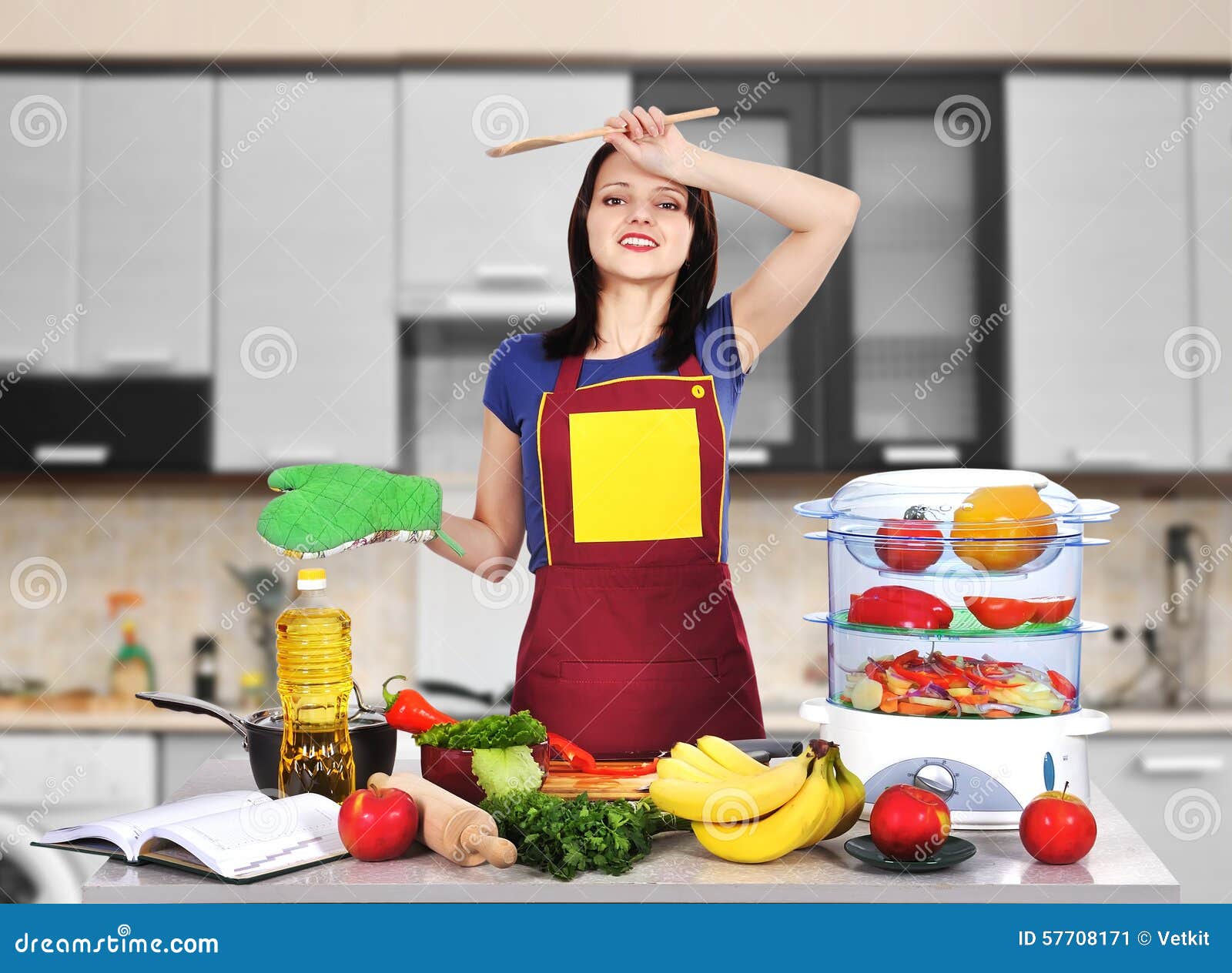 Tired woman chef stock image. Image of knife, fruits - 57708171