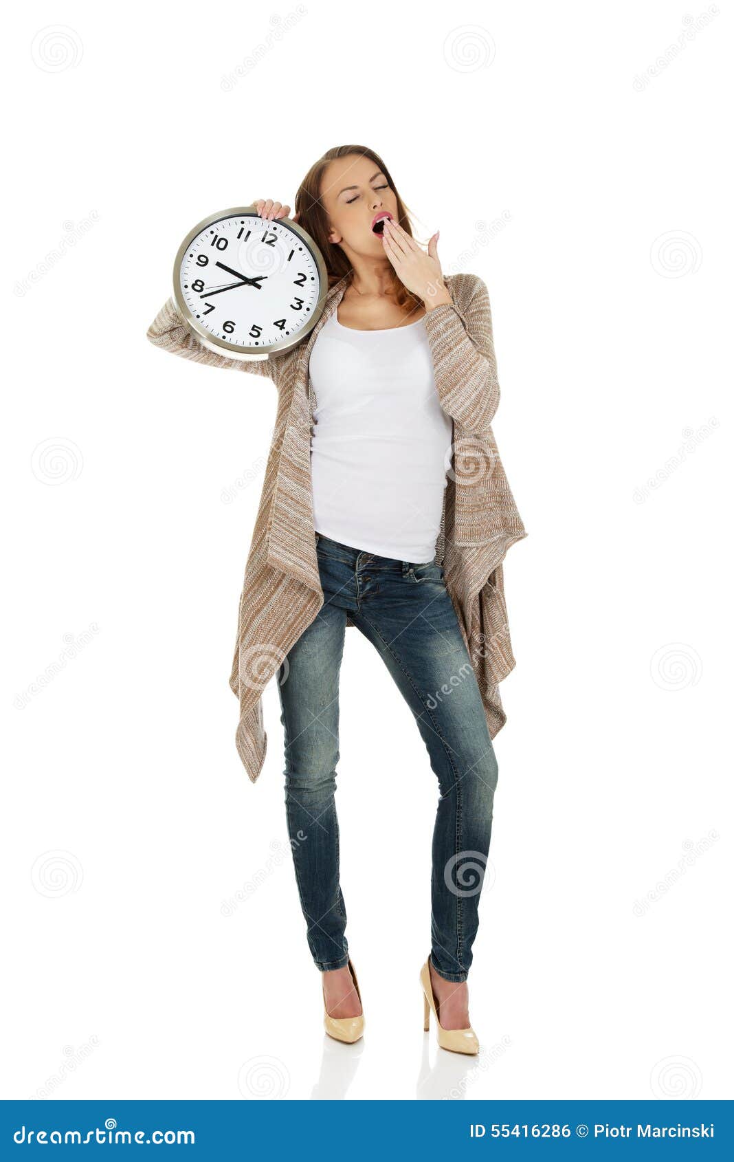 Tired woman with clock. stock photo. Image of late, person - 55416286