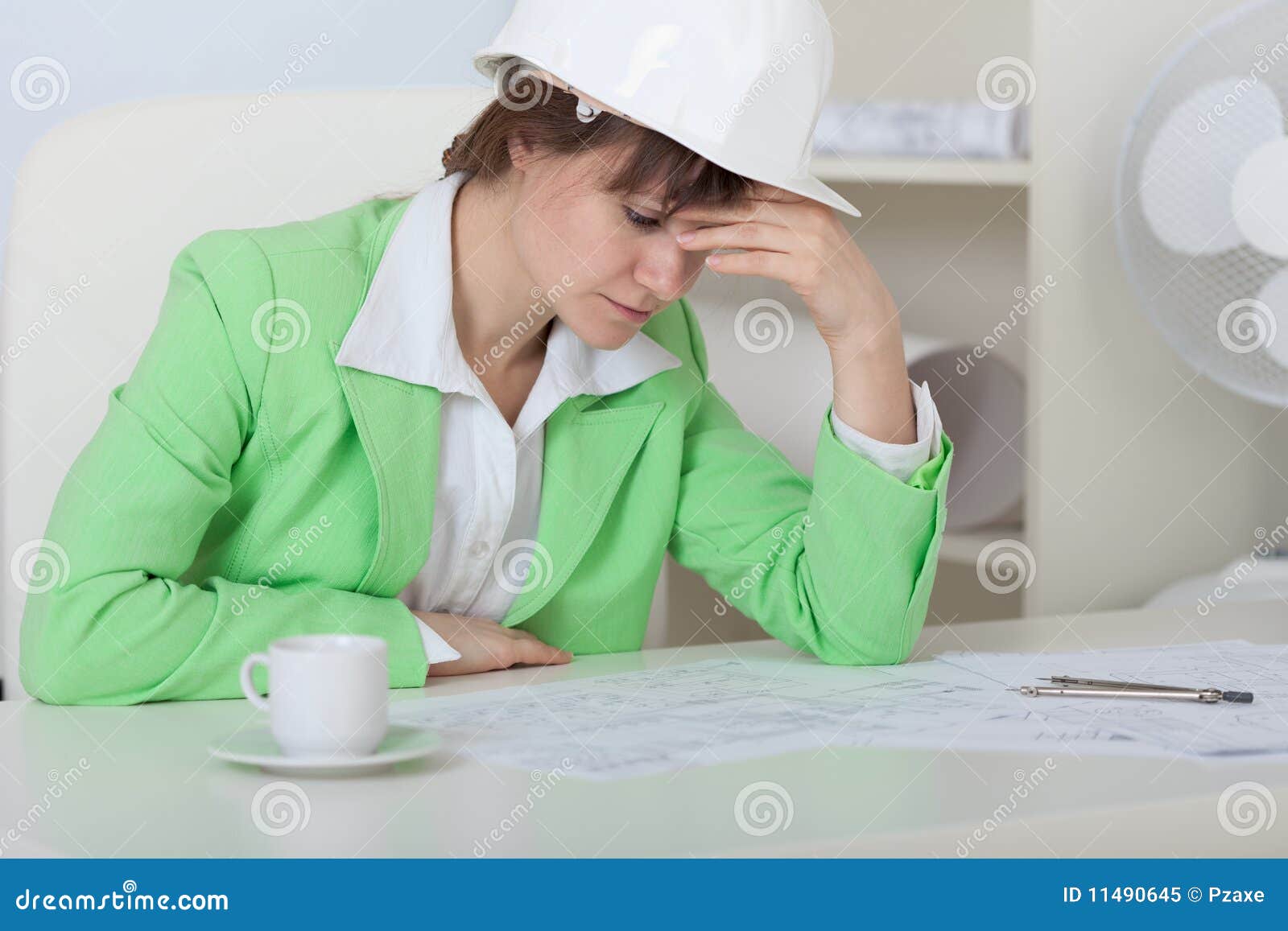 Tired Woman - Engineer in Helmet Sits in Office Stock Image - Image of ...