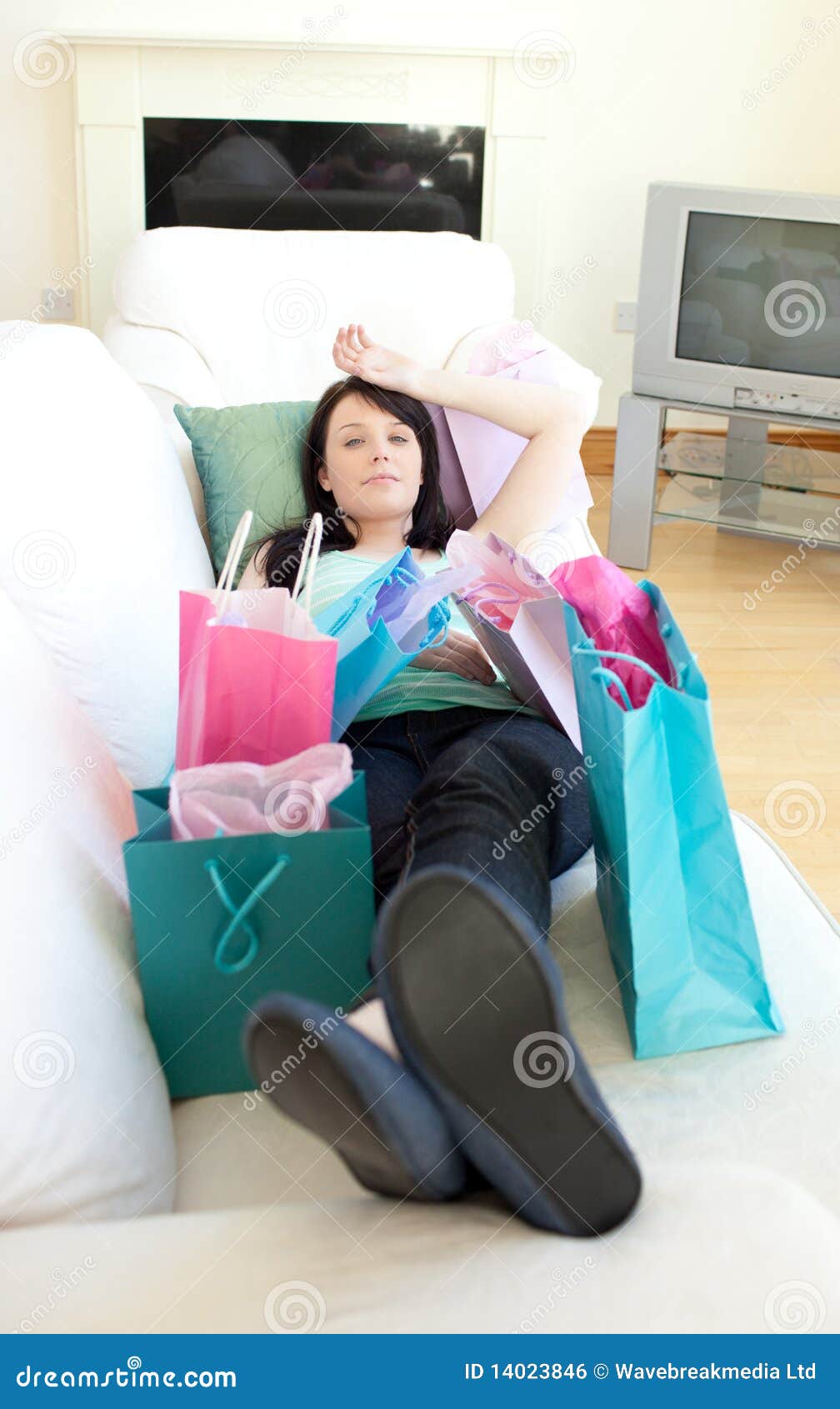 Tired Woman Relaxing after Shopping Stock Photo - Image of exhaust ...