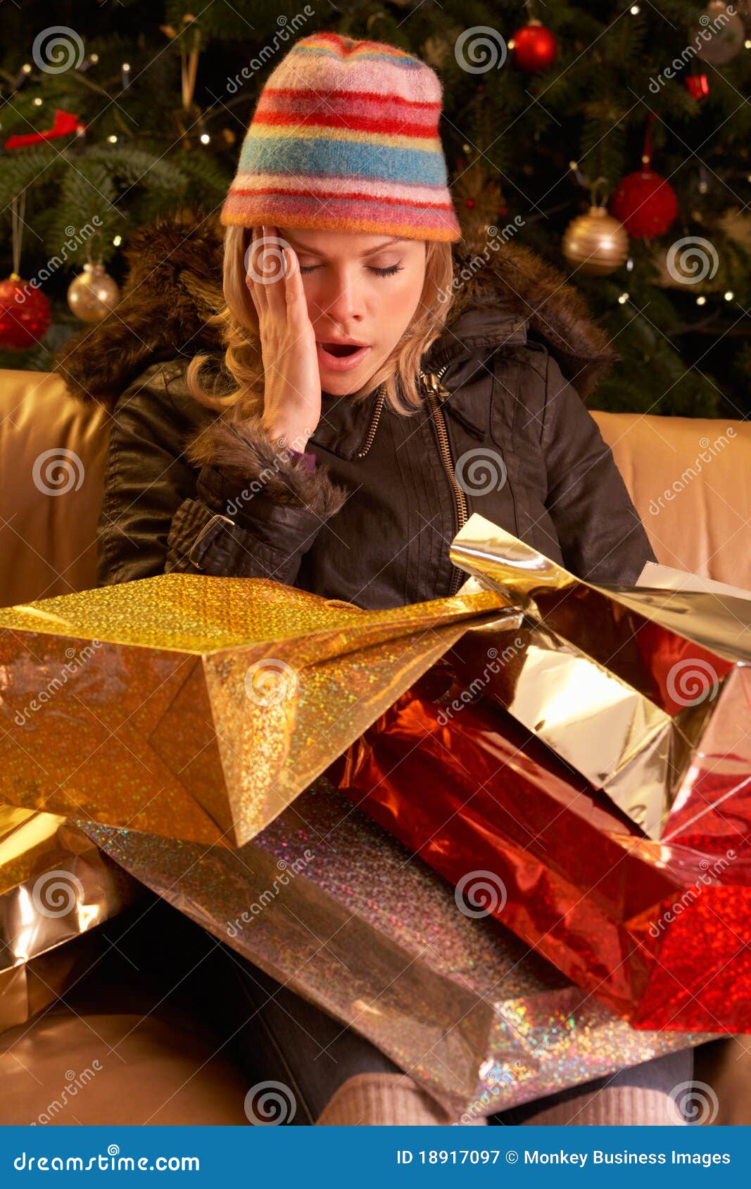 Tired Woman Returning after Christmas Shopping Stock Image - Image of ...