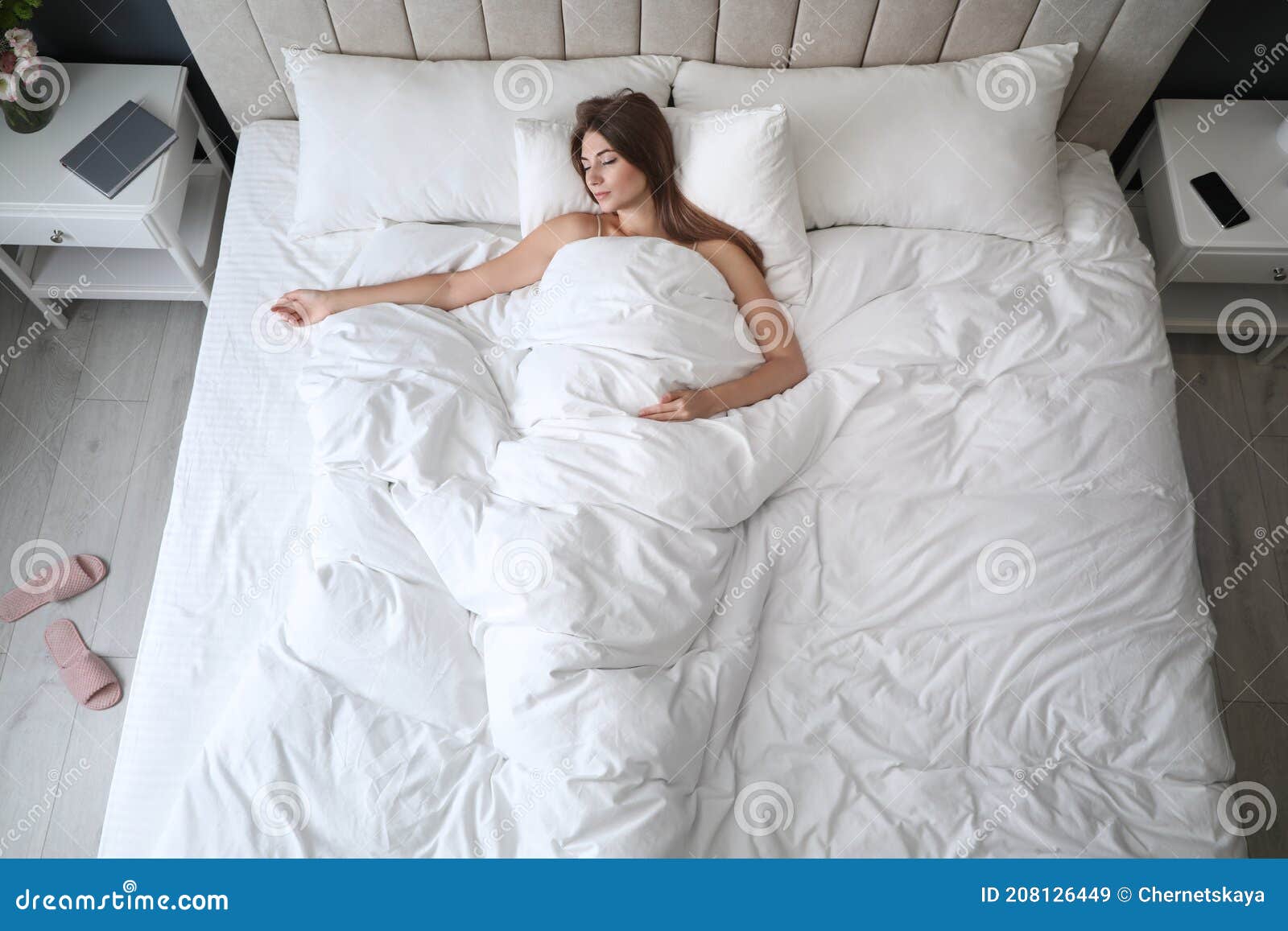 Tired Woman Sleeping in Bed at Home, Above View Stock Image - Image of ...