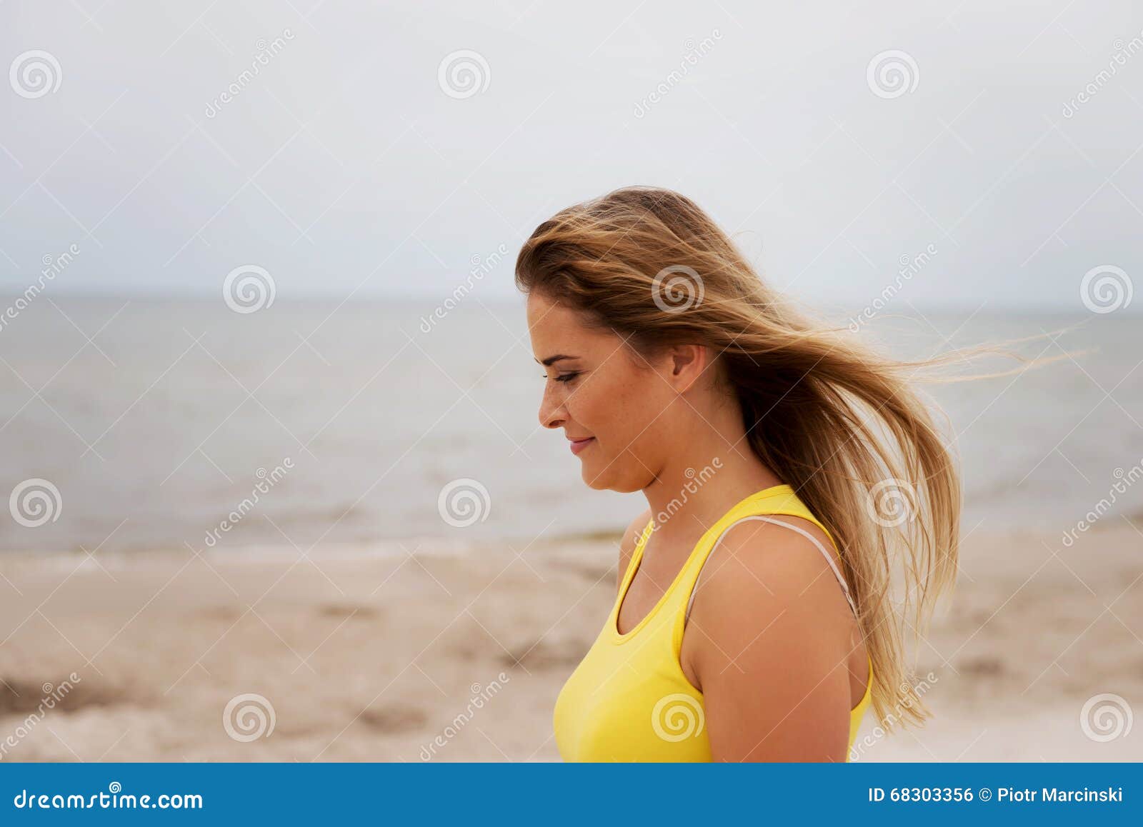 Tired Woman Standing on the Beach Stock Photo - Image of adult, copy ...