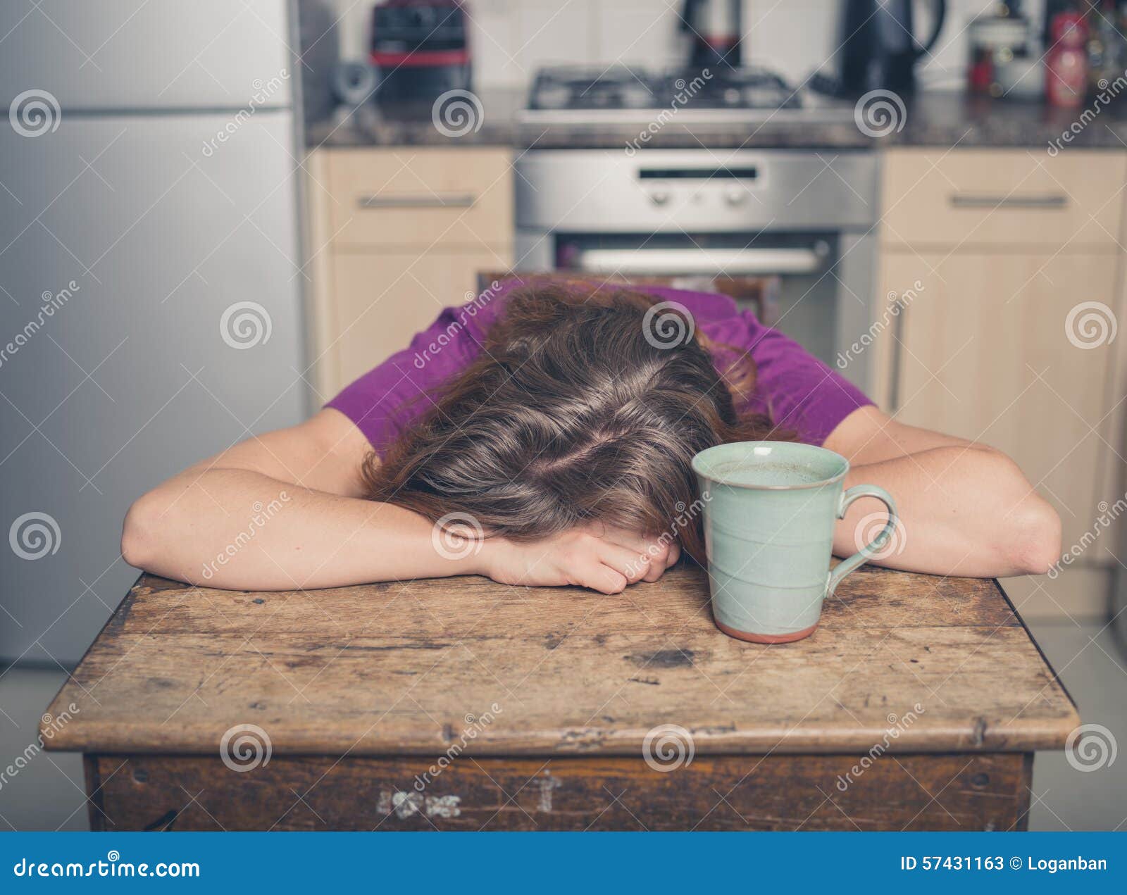 Tired Woman with Tea in Kitchen Stock Image - Image of resting ...