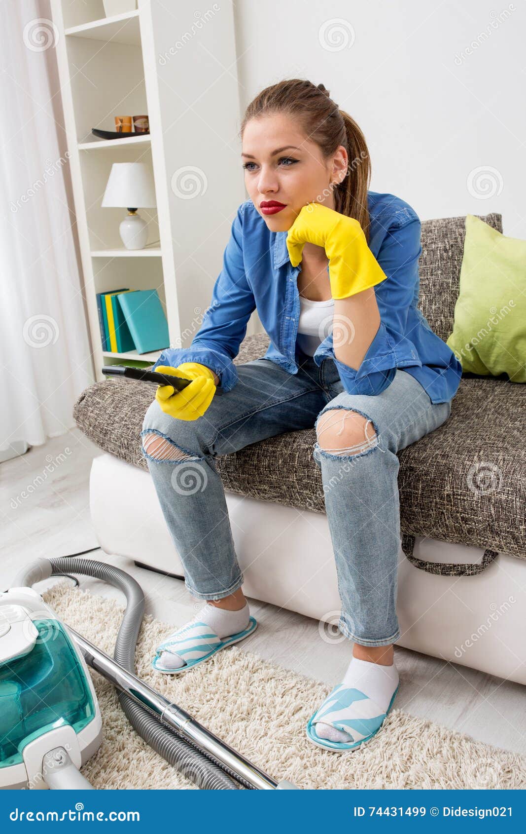 Tired Woman Watching Television after Vacuuming Stock Image - Image of ...