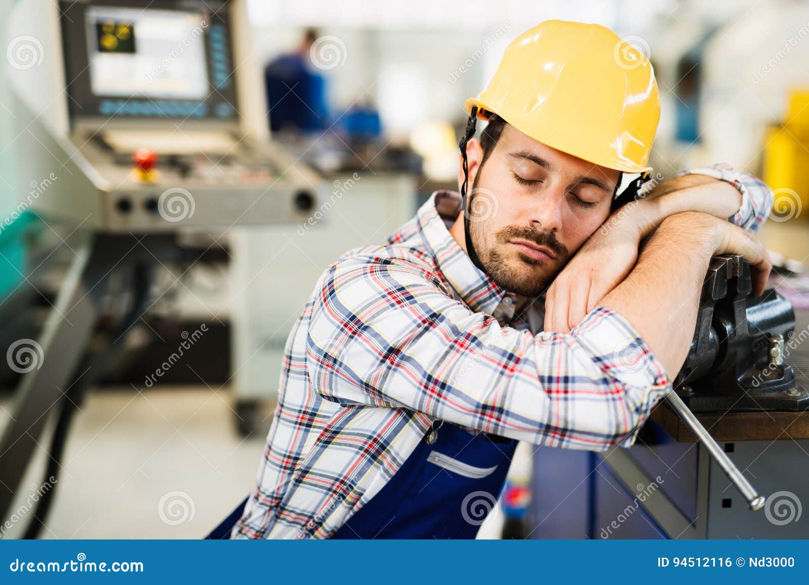 Tired Worker Fall Asleep during Working Hours in Factory Stock Photo ...