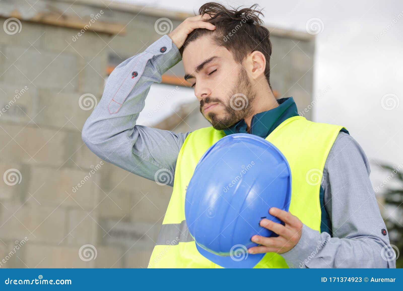 Tired worker with ladder stock image. Image of hardhat - 171374923