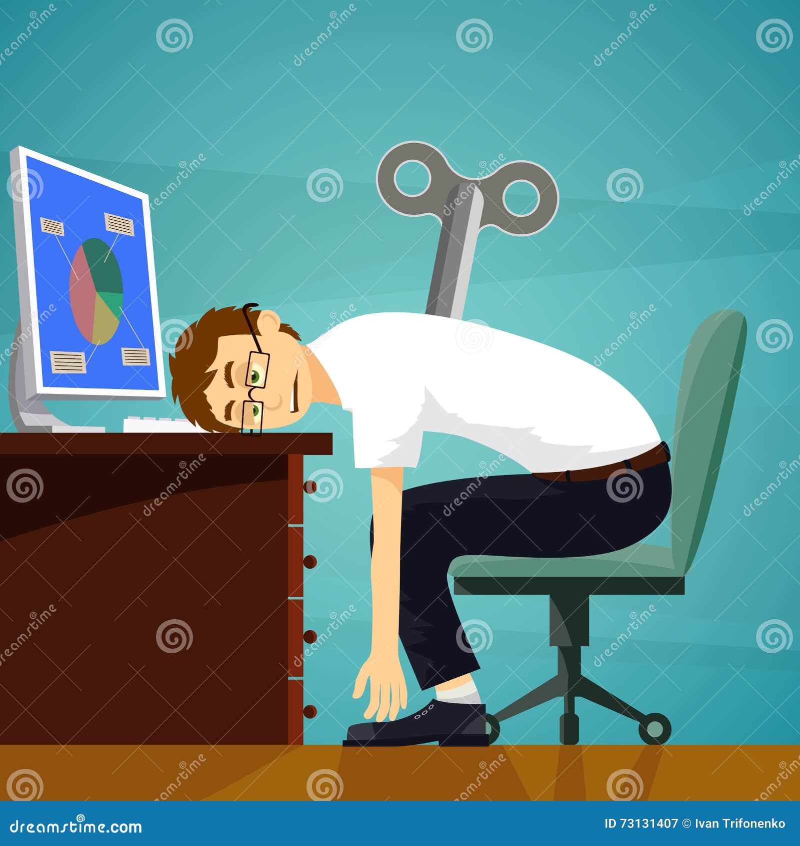 Tired Worker Sits at the Workplace. Clockwork Key Stock Vector ...