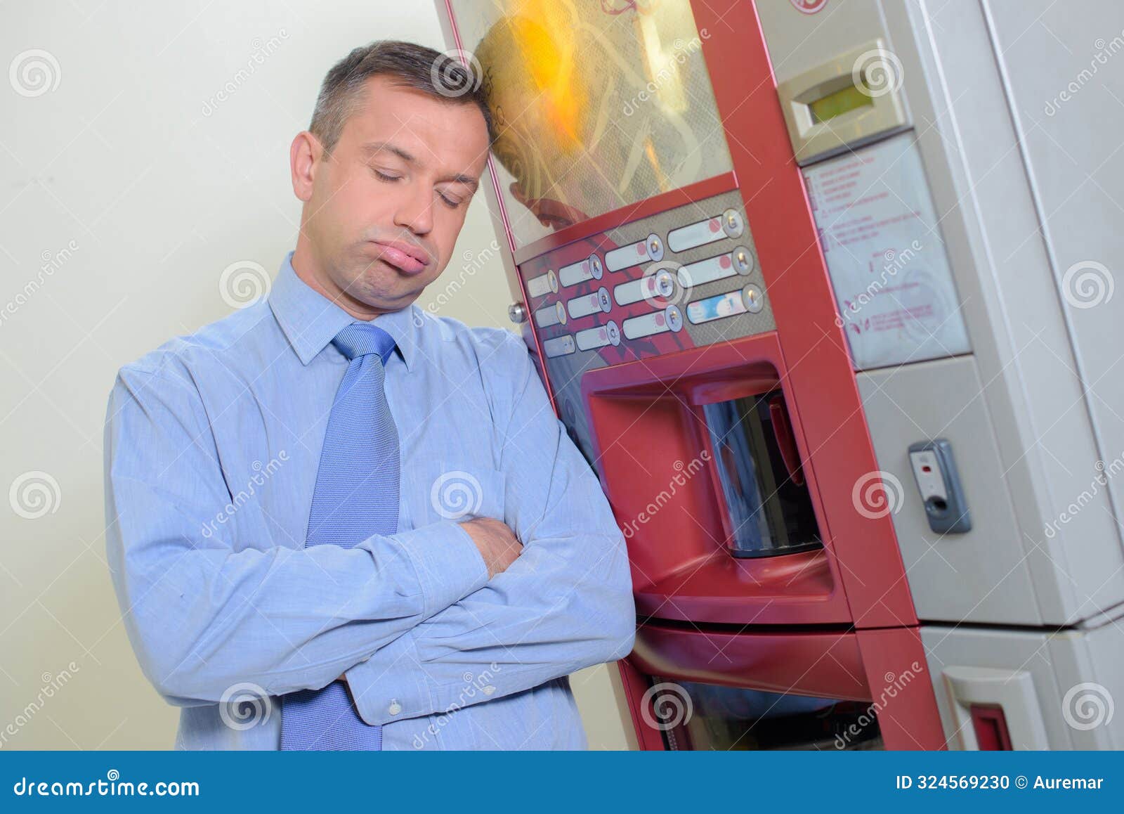 Tired Worker and Vending Machine Stock Photo - Image of machine, work ...