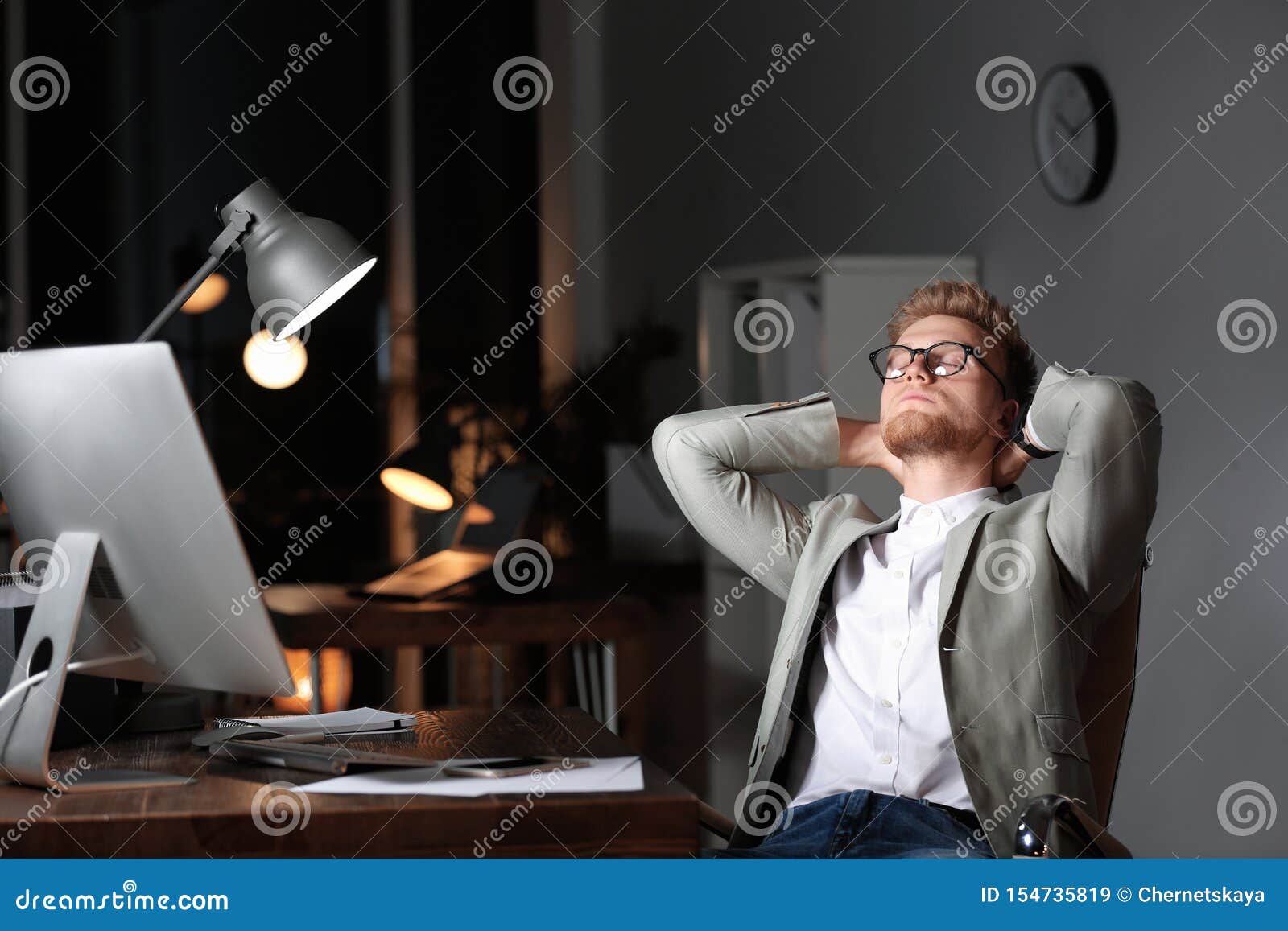Tired Young Businessman Working in Office Alone Stock Image - Image of ...