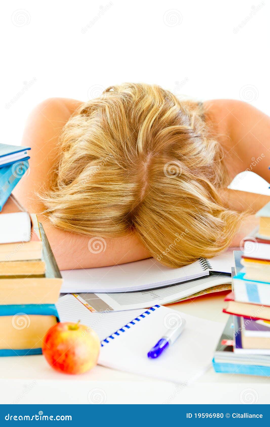 Tired Young Girl Sleeping at Table with Books Stock Photo - Image of ...