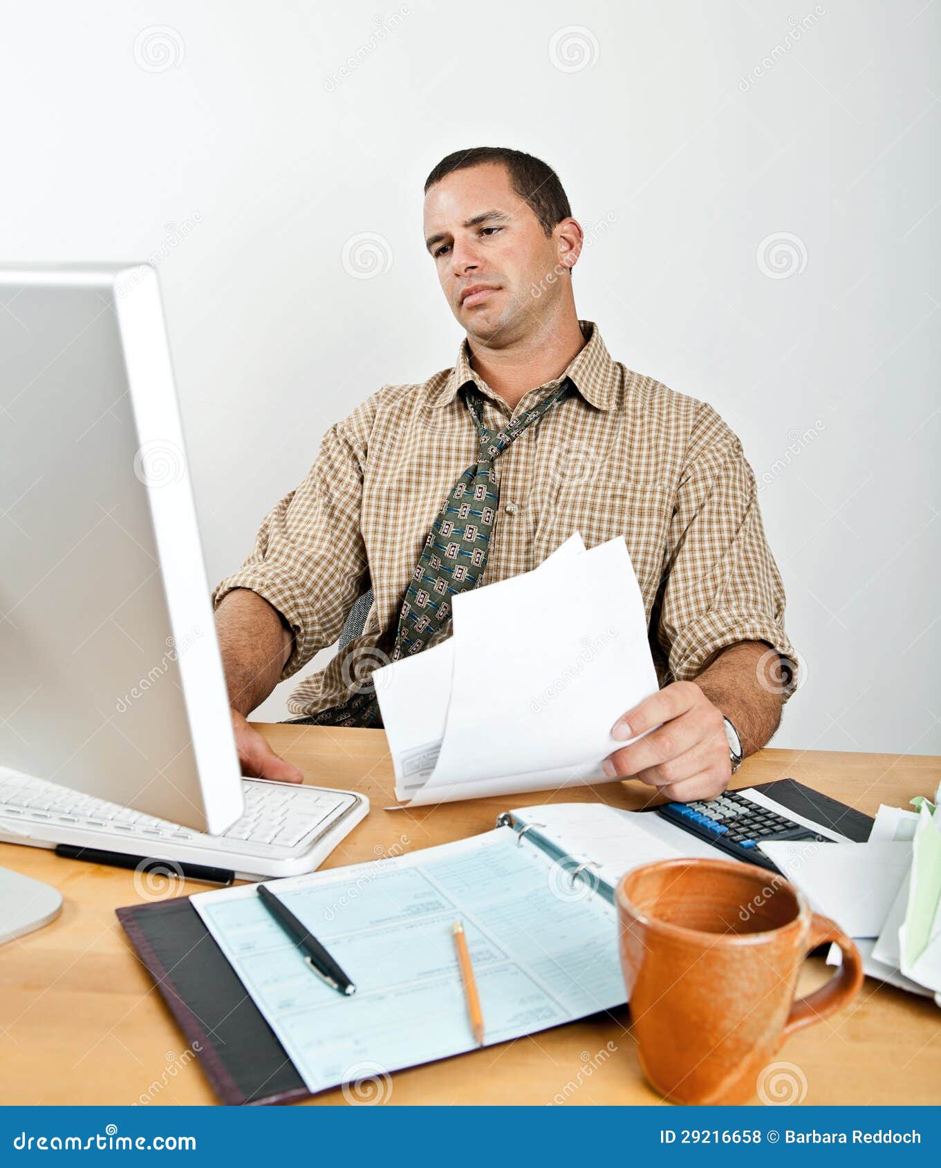 Tired Young Man at Desk Paying Bills Stock Photo - Image of financial ...