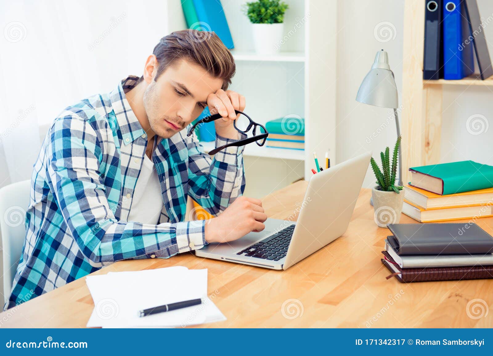 Tired Young Man Having Problems with Writing New Book Stock Image ...
