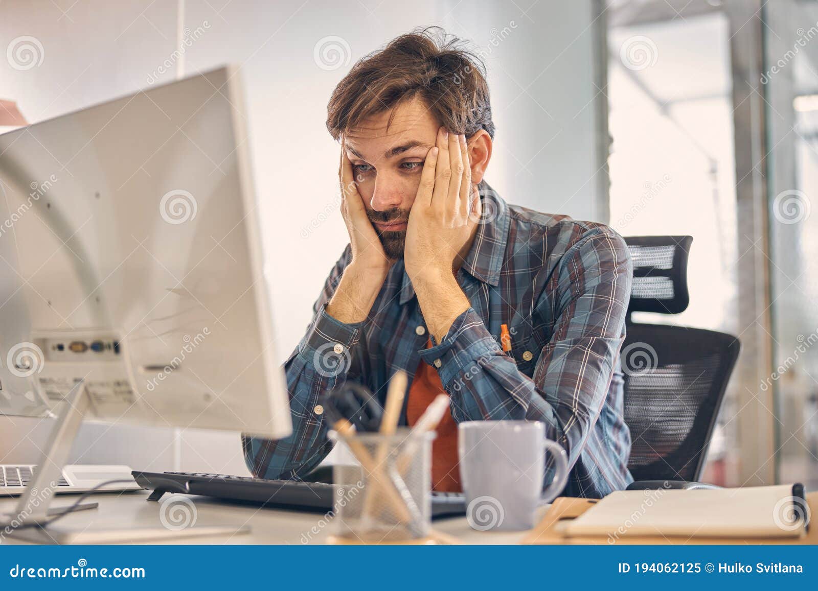 Exhausted Male Worker Using Computer in Office Stock Image - Image of ...