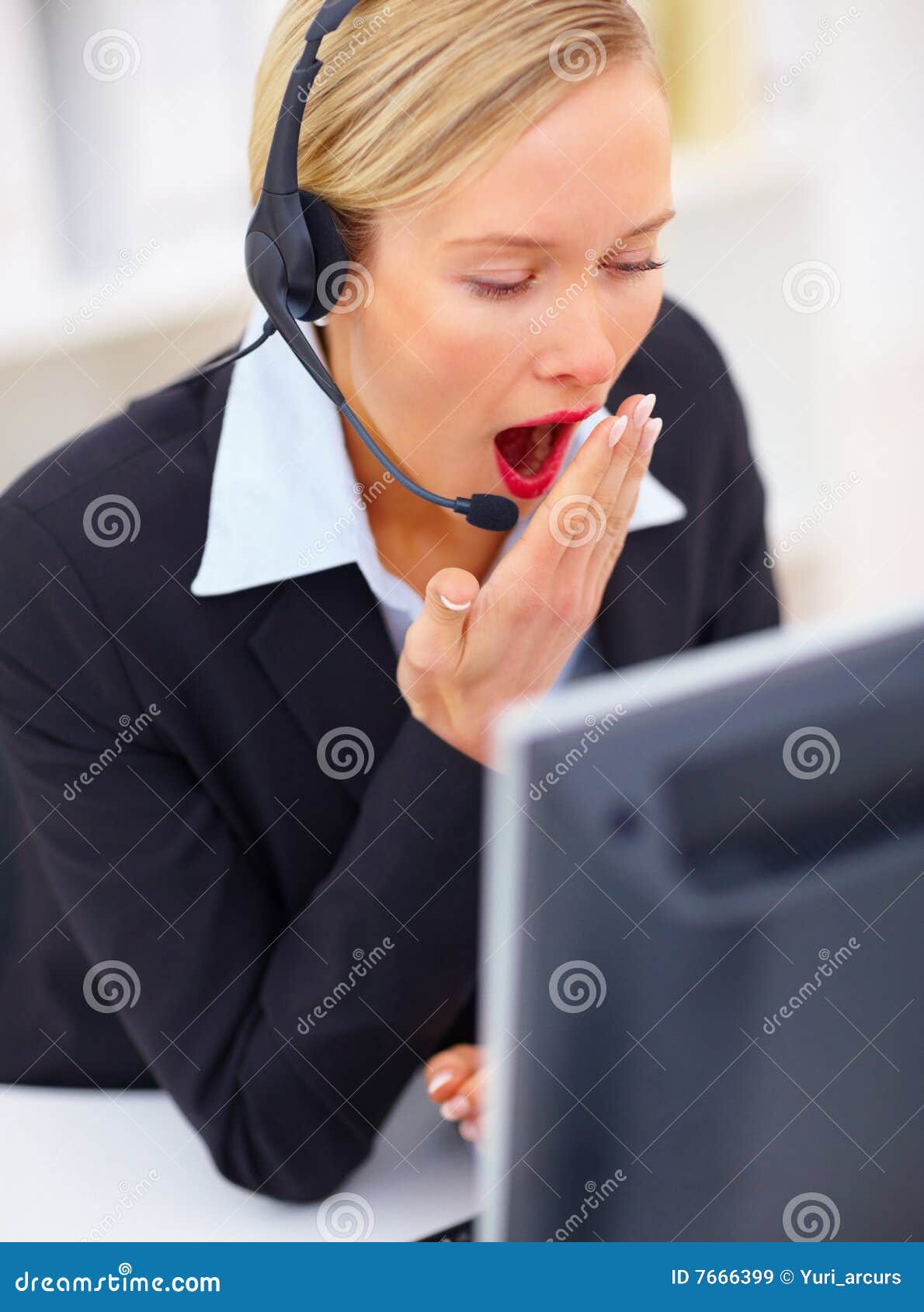 Tired Young Receptionist with Headset Yawning Stock Image - Image of ...