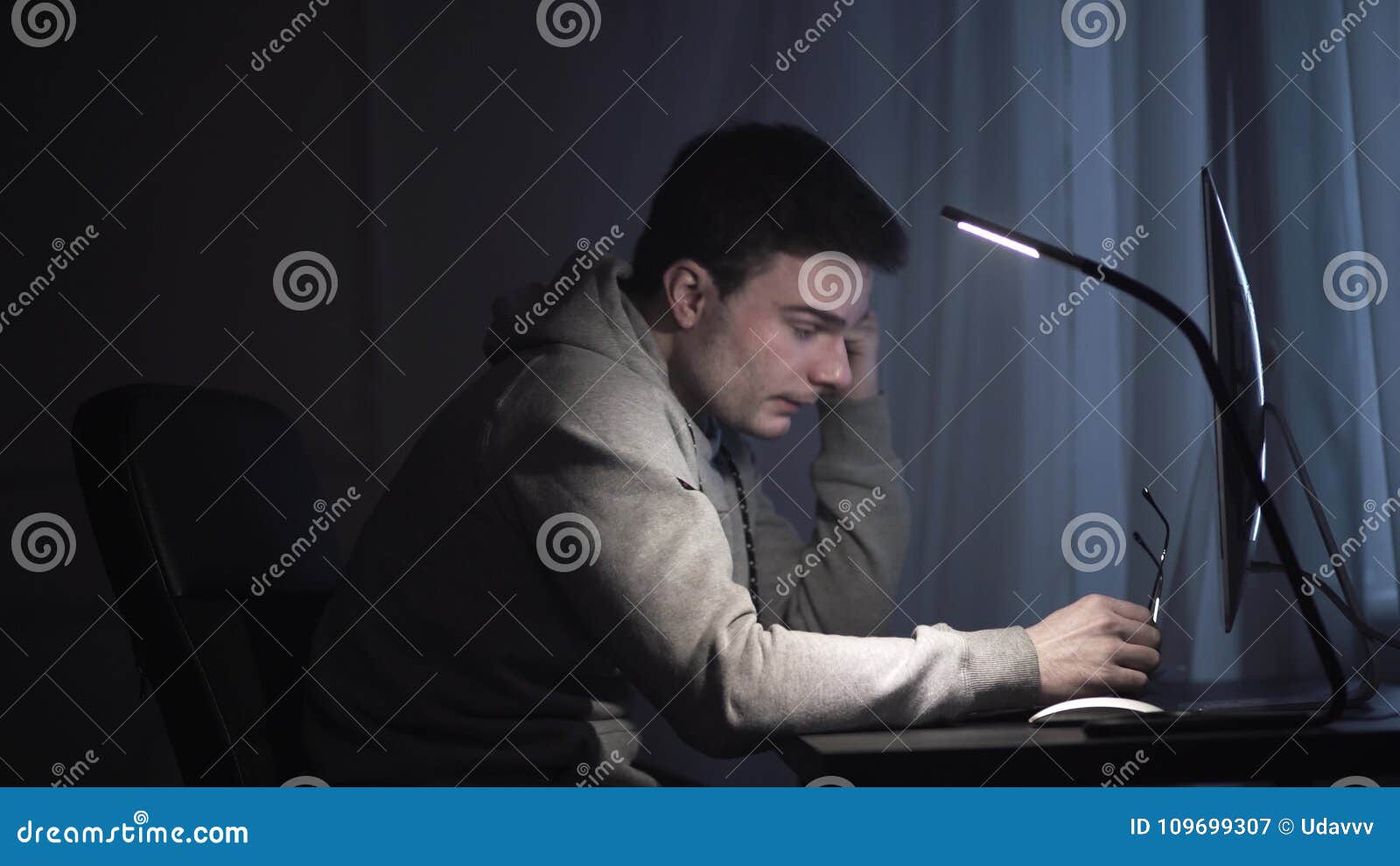 Tired Young Writer Working on Computer at Night, Scratch Face Stock ...