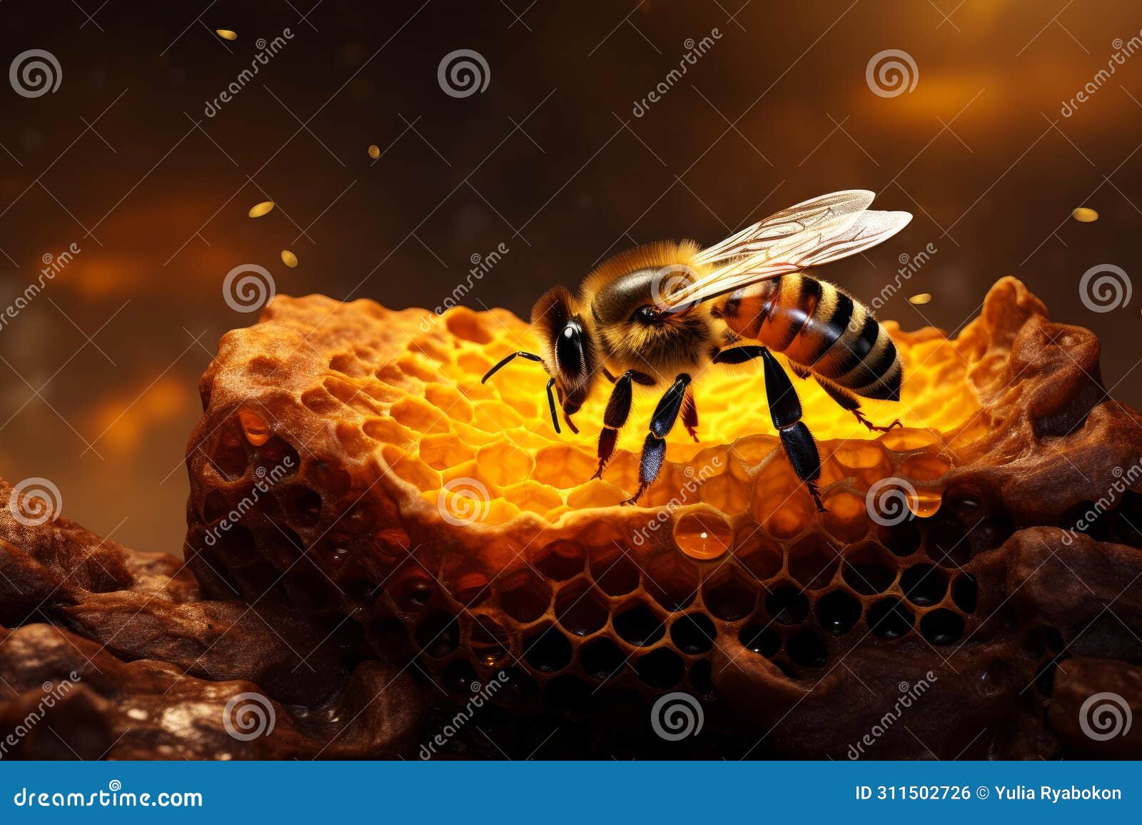 Bees Inside A Beehive With The Queen Bee In The Middle. Queen Bee Lays ...