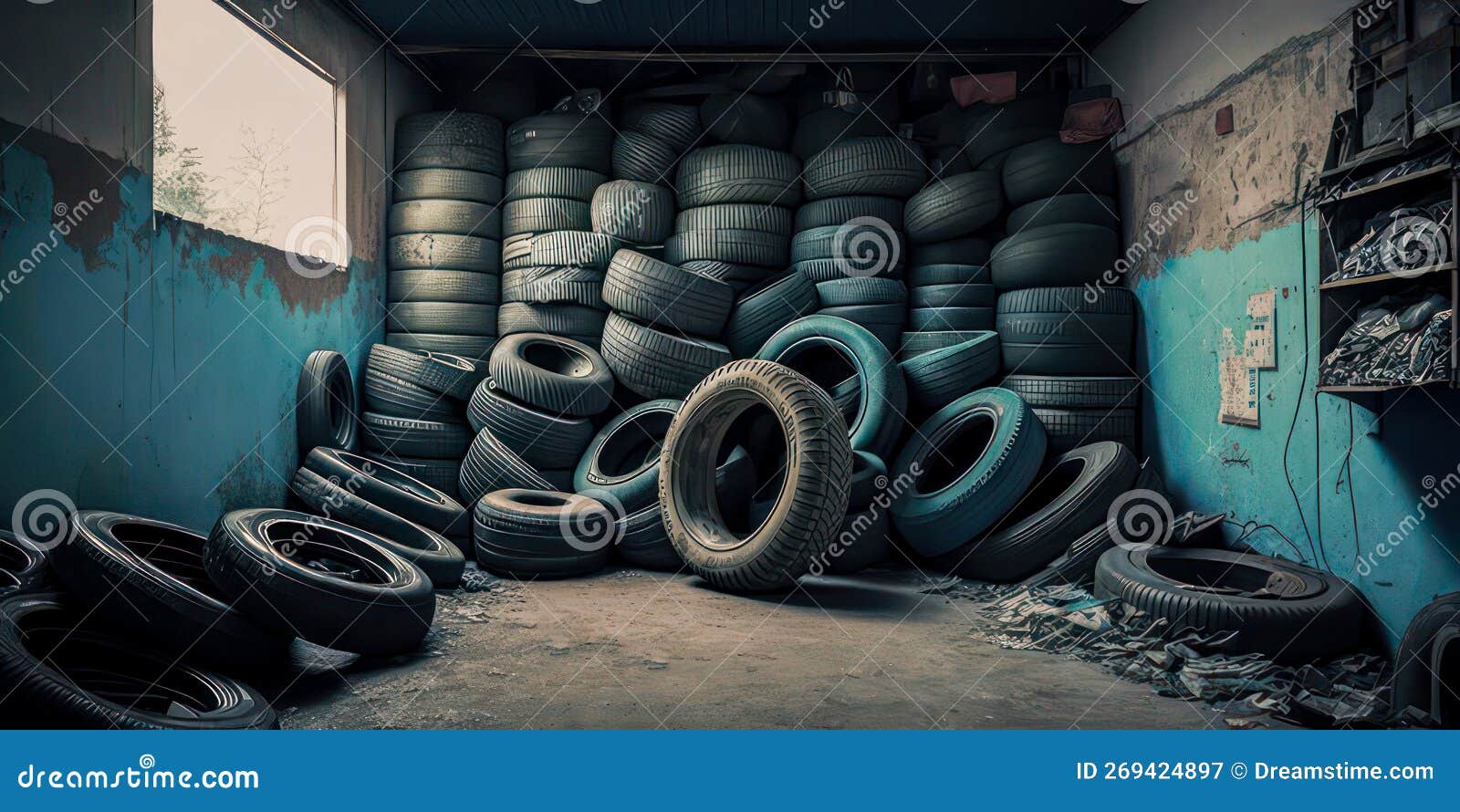 Tires sitting in a garage stock illustration. Illustration of darkness ...