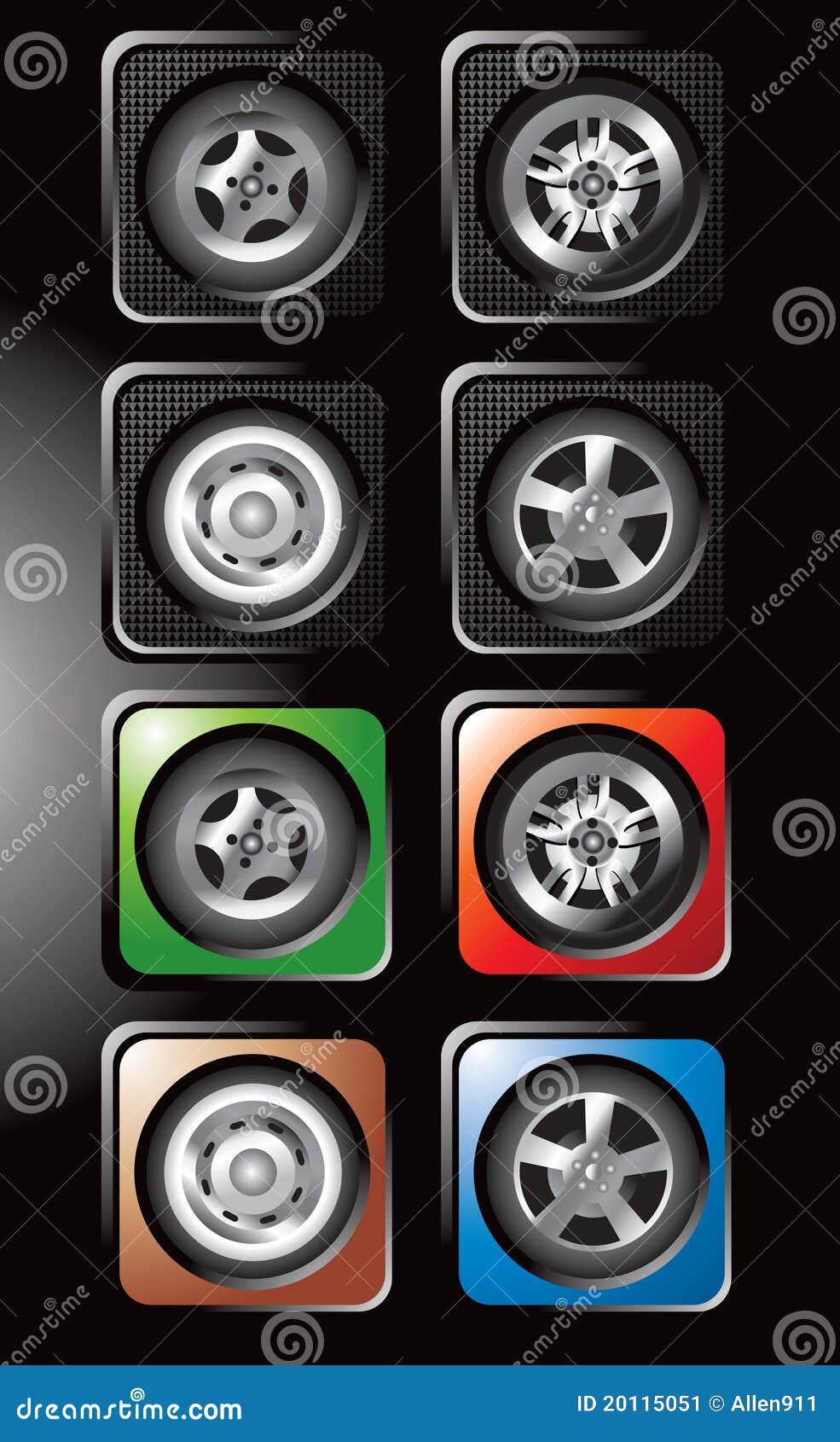 Tires and Various Rims in Square Web Buttons Stock Vector ...