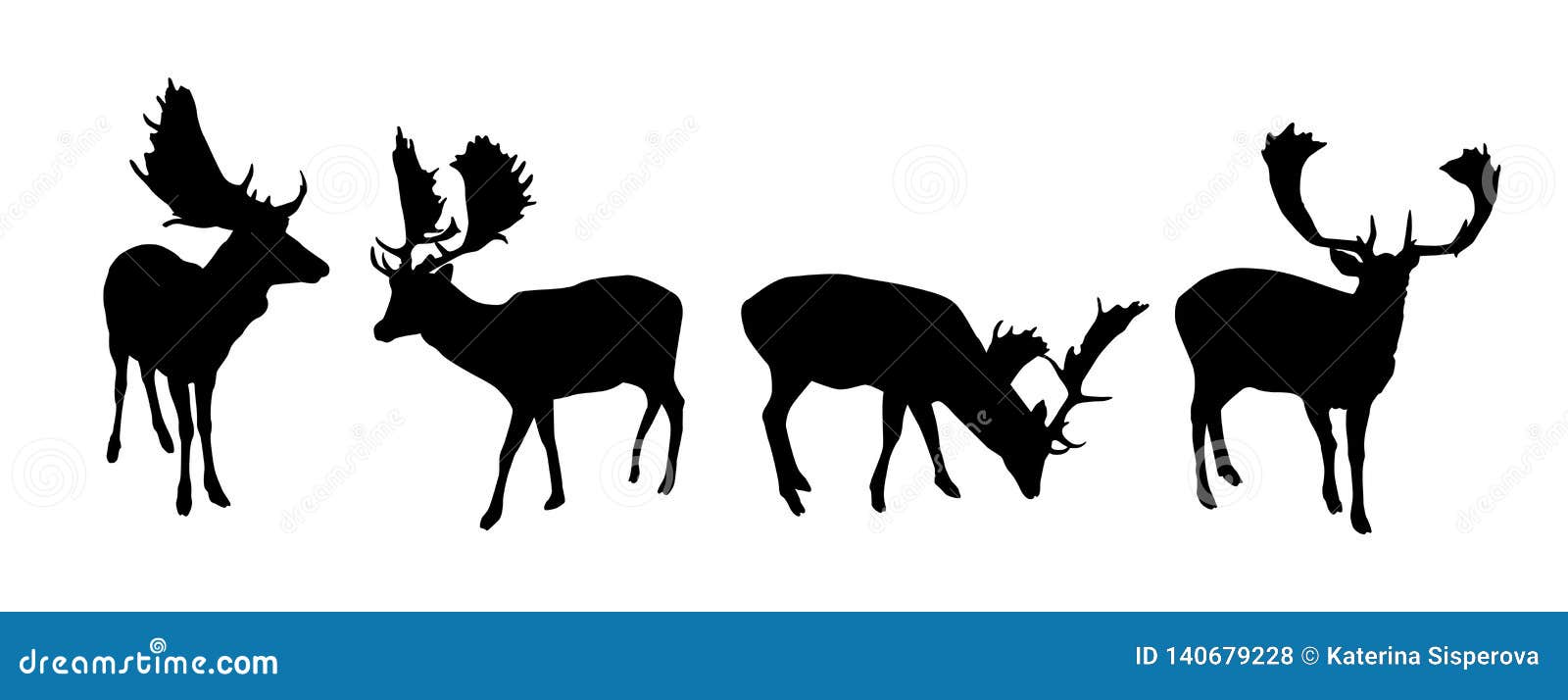Vector Black Silhouettes of Fallow Deers Isolated on White Background ...