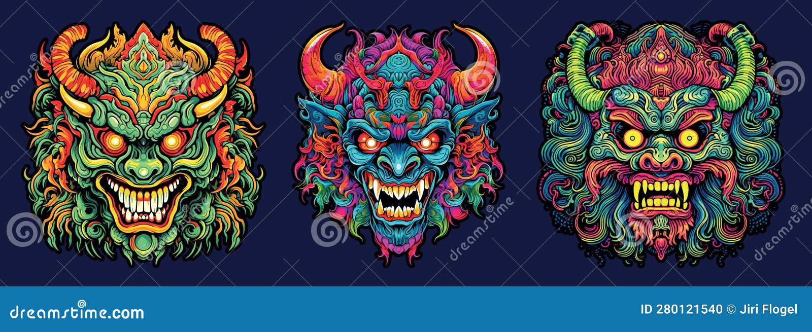 Set of Illustrations of Masks of a Demon Stock Illustration ...