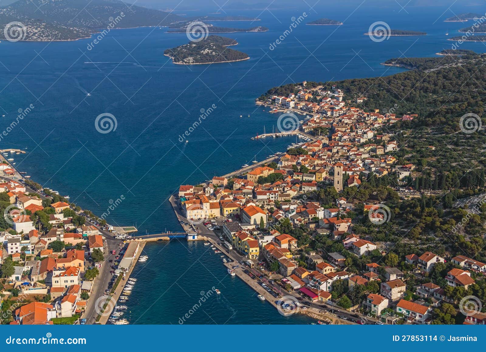 Tisno aerial stock photo. Image of belfry, croatia, anchored - 27853114