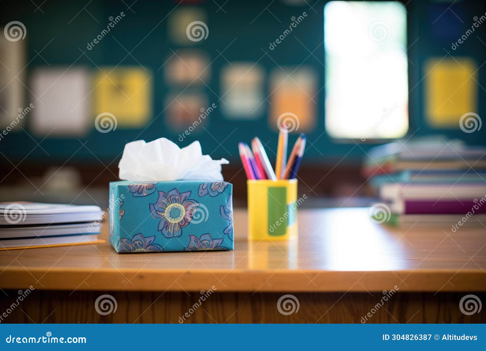 Tissue Box on Classroom Teachers Desk with Books Stock Image - Image of ...