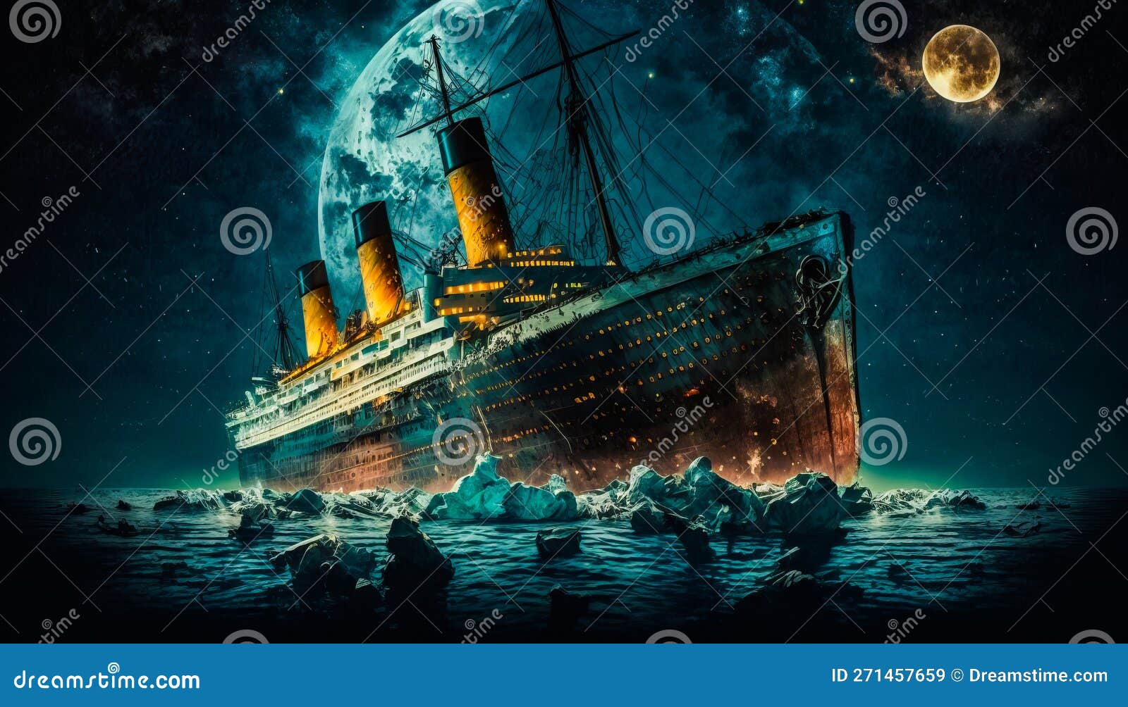 The Titanic Sinking In The Ocean With Full Moon In The Background ...