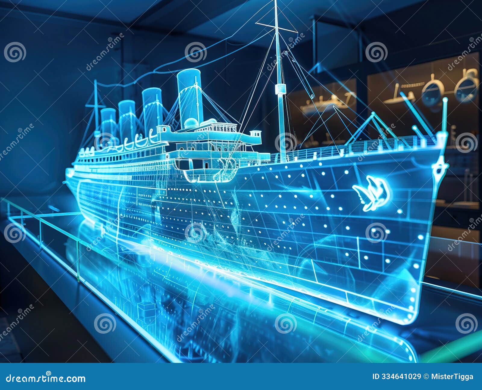 Titanic Visualization with Augmented Reality Transparent Titanic in Studio Drawing in Blue ...