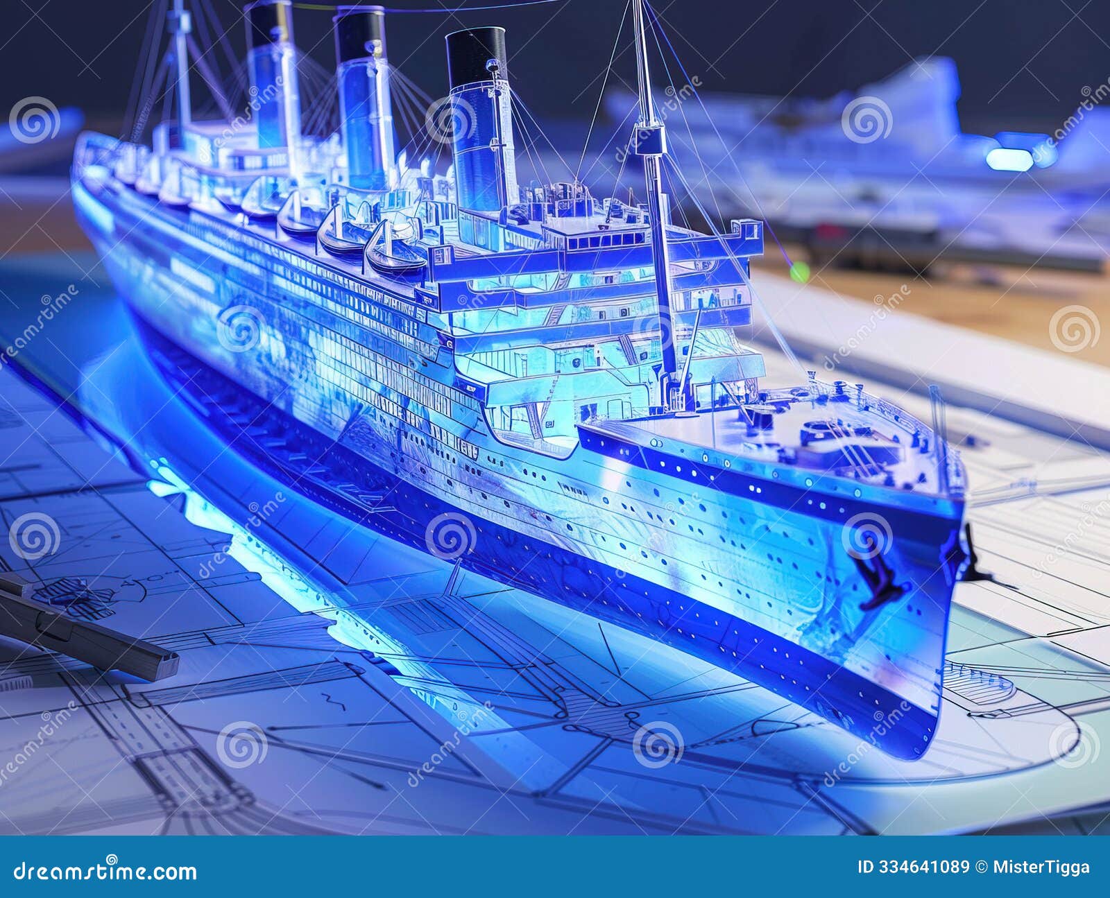 Titanic Visualization with Augmented Reality Transparent Titanic in Studio Drawing in Blue ...