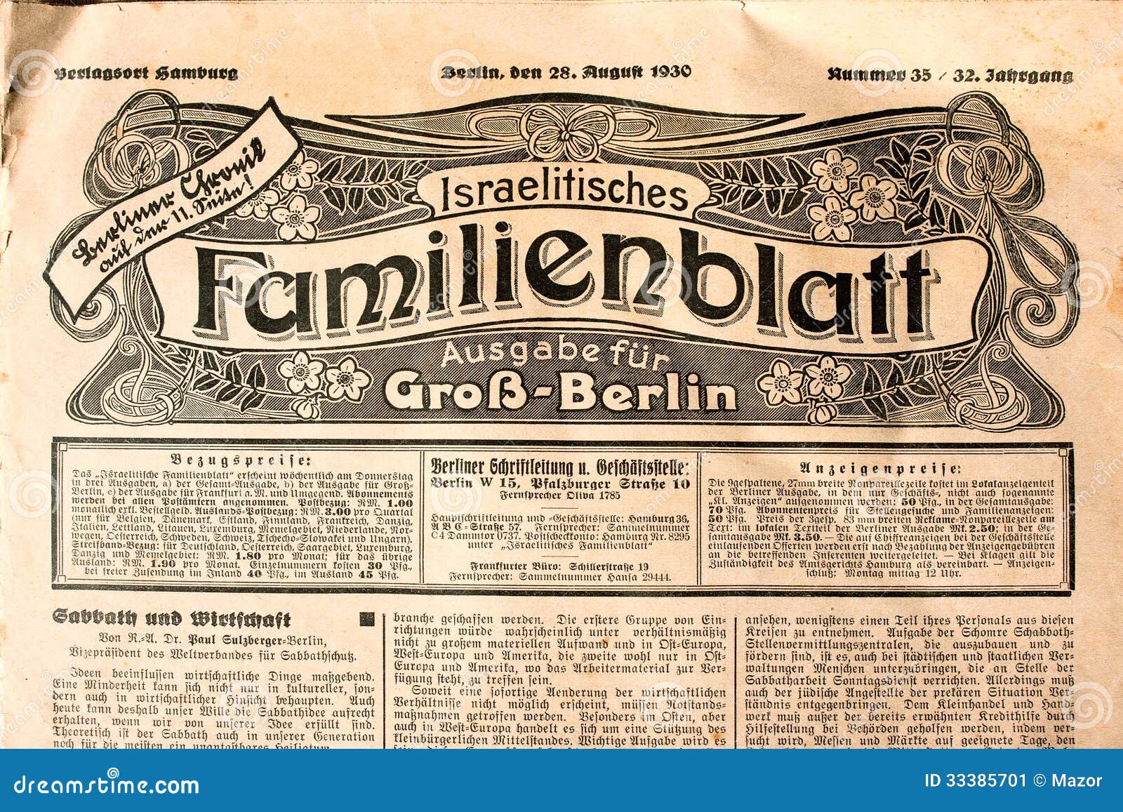 Titel Van De Oude Joodse Krant Van Berlijn in Het Duits Redactionele ...