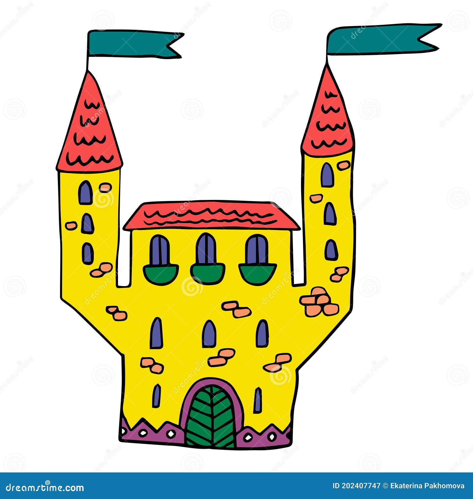 Cartoon Linear Doodle Retro Castle with Flag Isolated Stock Vector ...