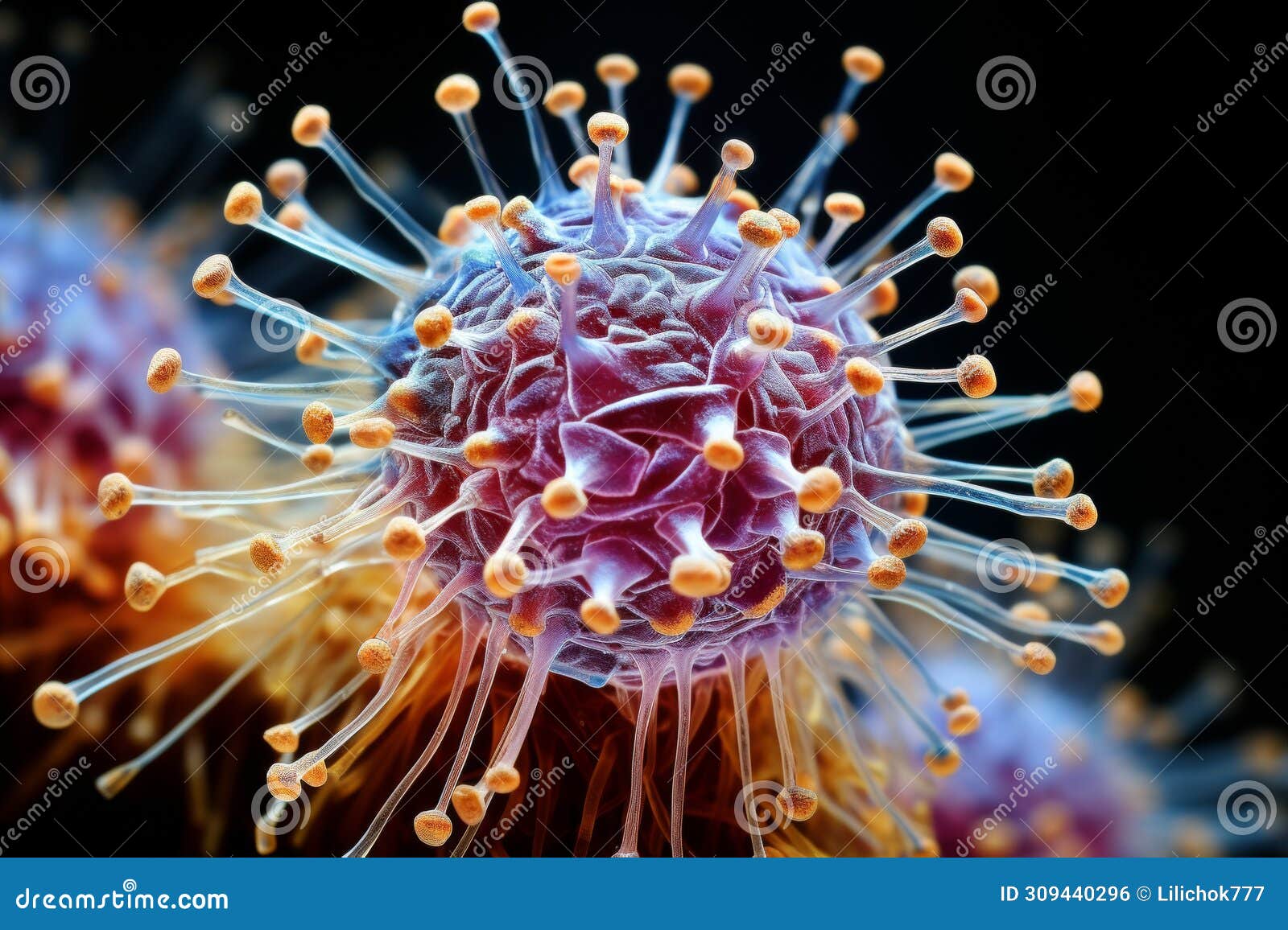 Title. Detailed Microscopic View of a Virus Specimen Under a High ...