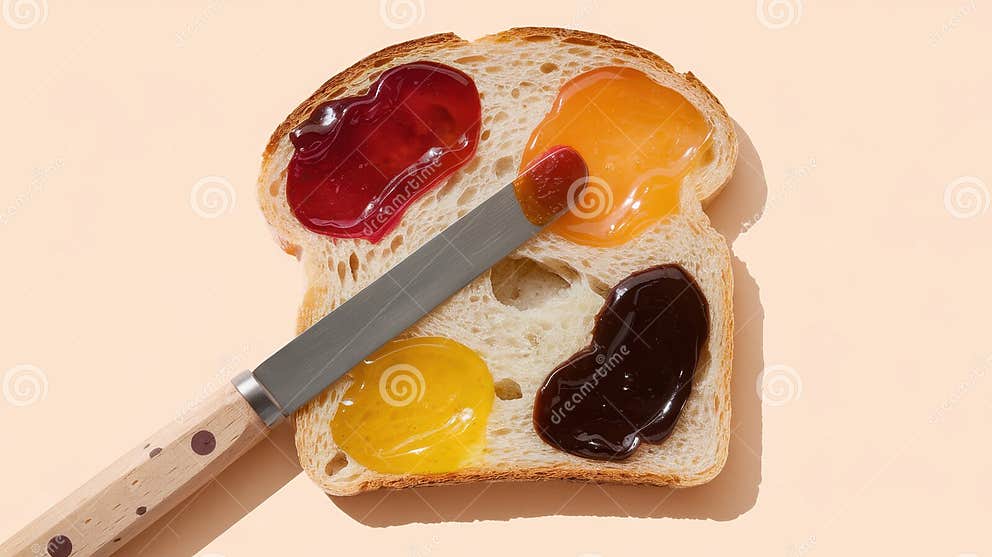 Title Diagonal Slice of Bread Topped with Various Types of Jam Spread ...