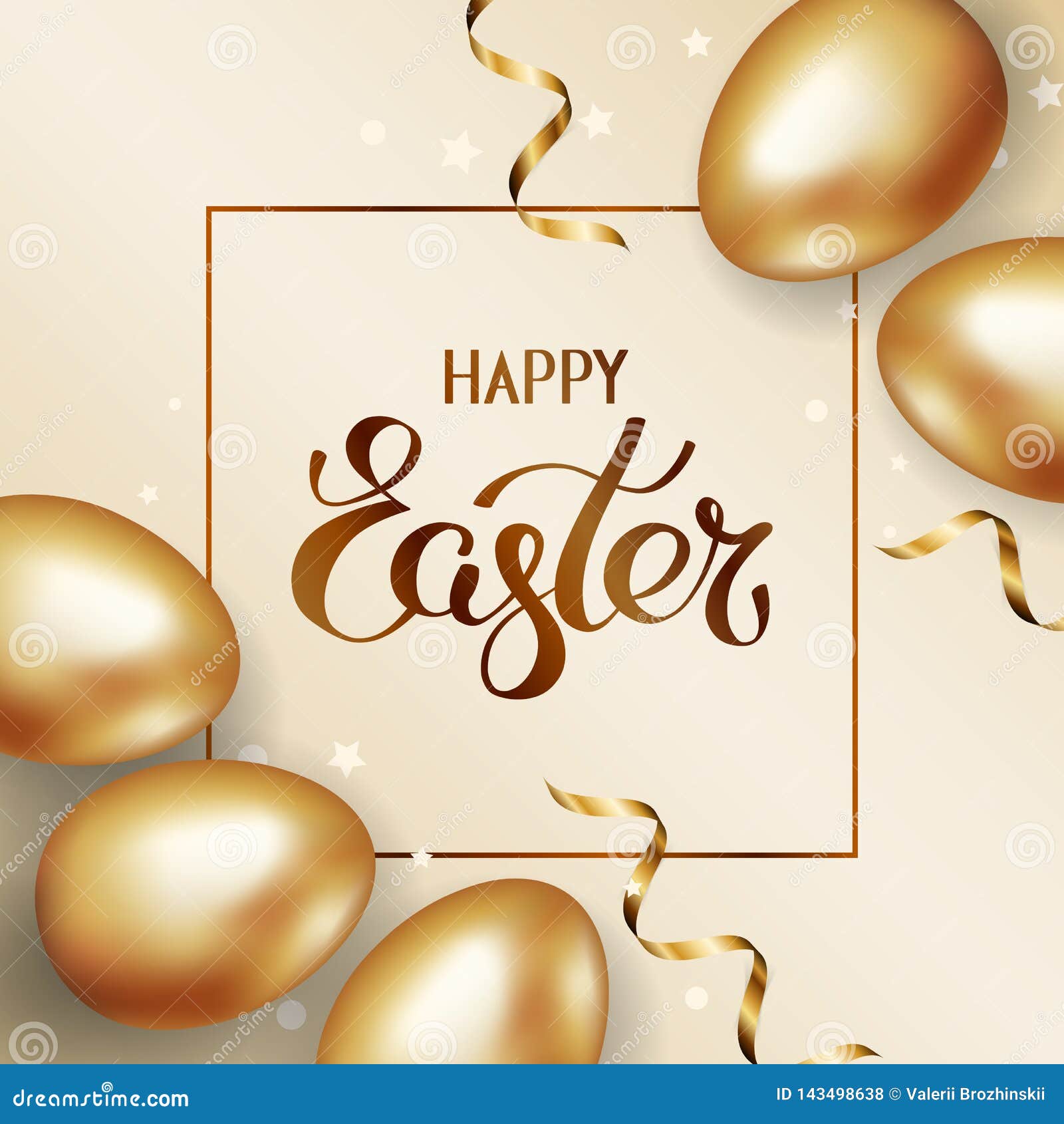 Title Happy Easter in Frame. Gold Easter Eggs on Light Background with ...