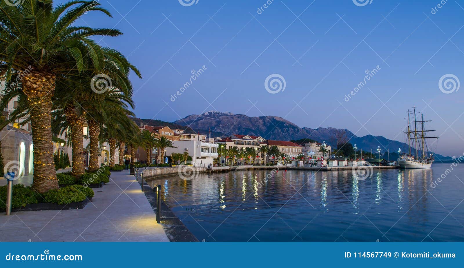 Tivat promenade night view editorial stock image. Image of scenic ...