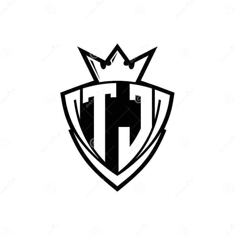 TJ Letter Logo with Sharp Triangle Shield Shape with Crown Inside White ...