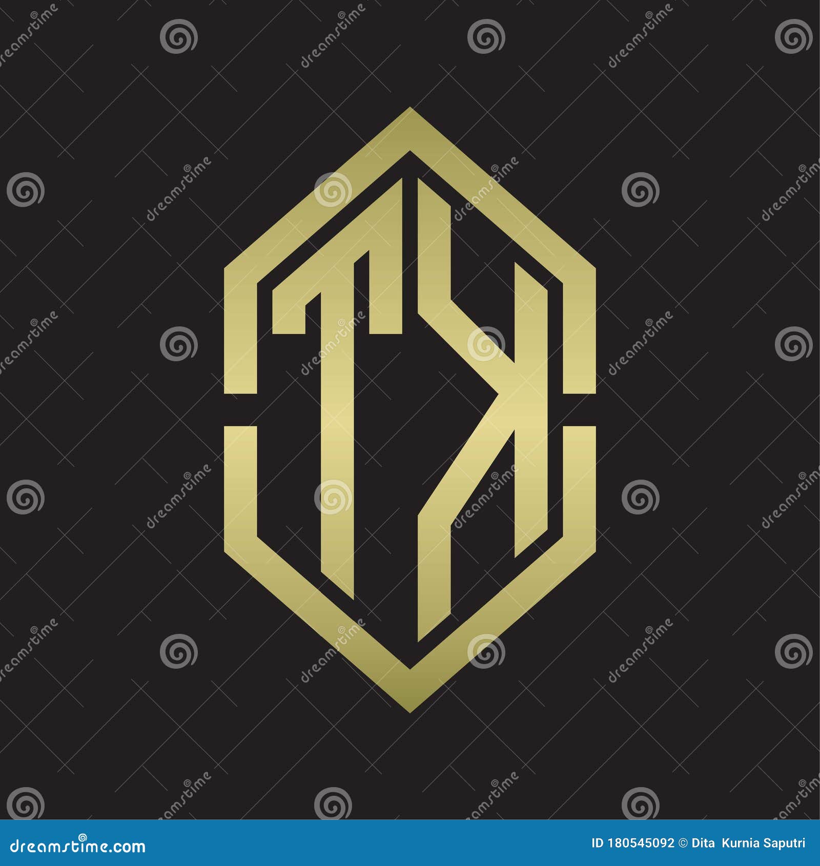 TK Logo Monogram with Hexagon Shape and Outline Slice Style with Gold ...