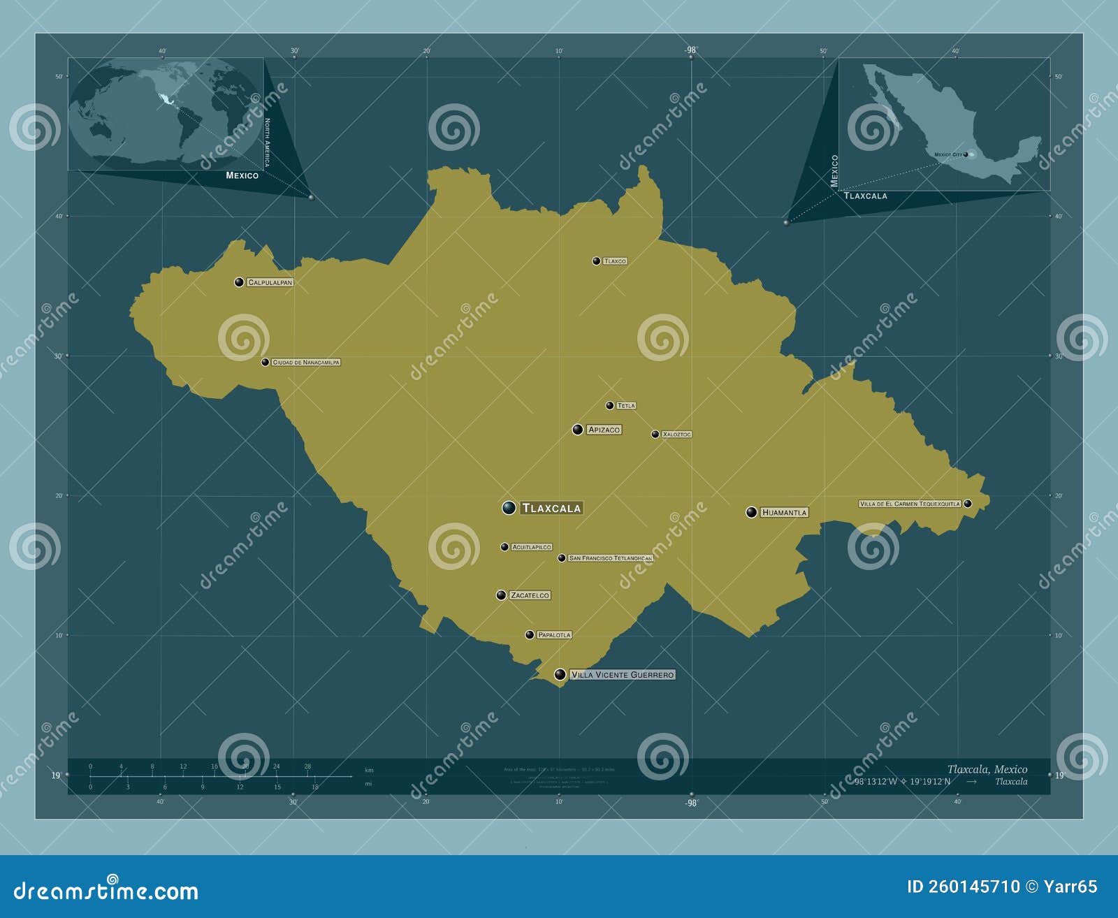 Tlaxcala, Mexico. Solid. Labelled Points of Cities Stock Illustration ...
