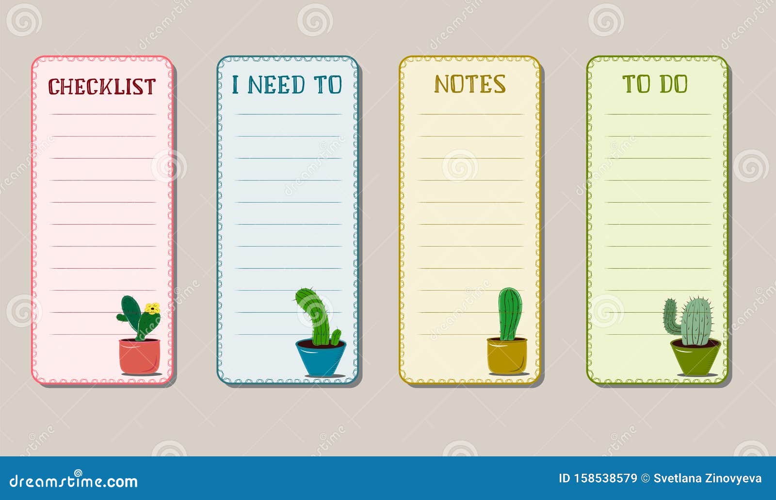 To-do List, Notes and Checklist. Colored Sheets with Drawings of Cacti ...