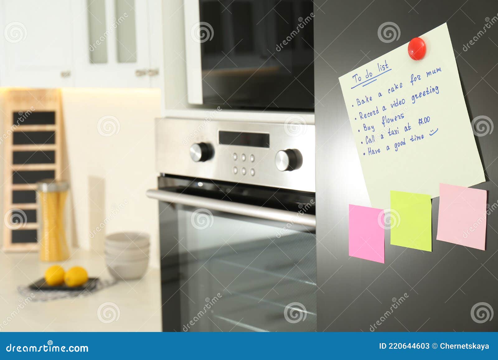 To Do List and Sticky Notes on Fridge in Kitchen. Space for Text Stock ...