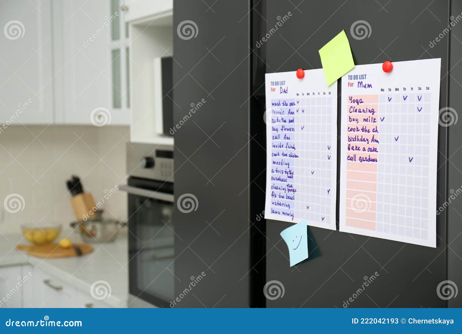 To Do Lists and Notes on Fridge in Kitchen. Space for Text Stock Image ...
