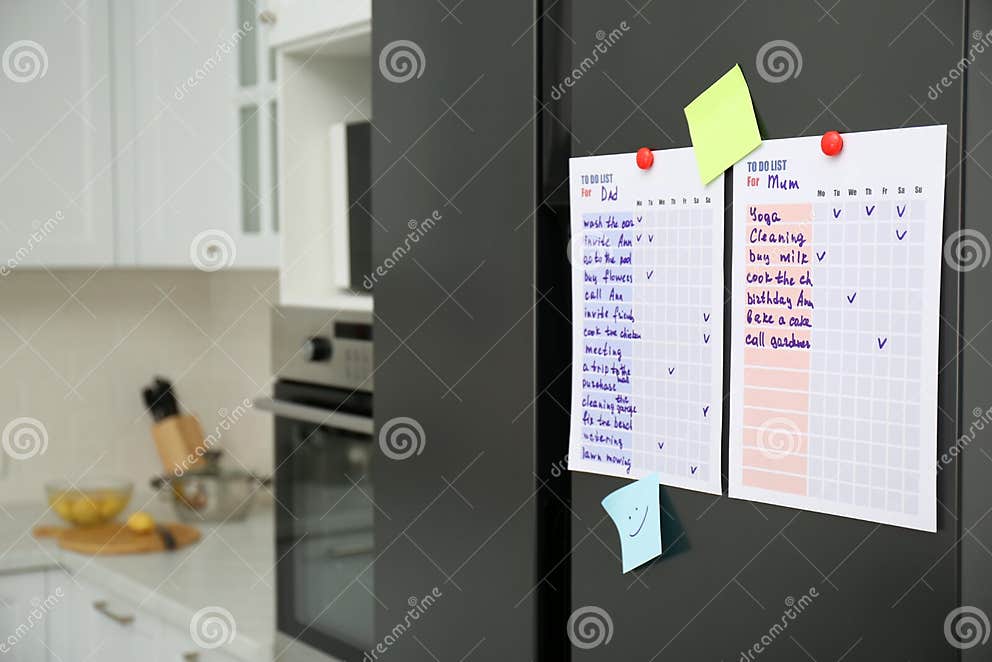 To Do Lists and Notes on Fridge in Kitchen. Space for Text Stock Image ...