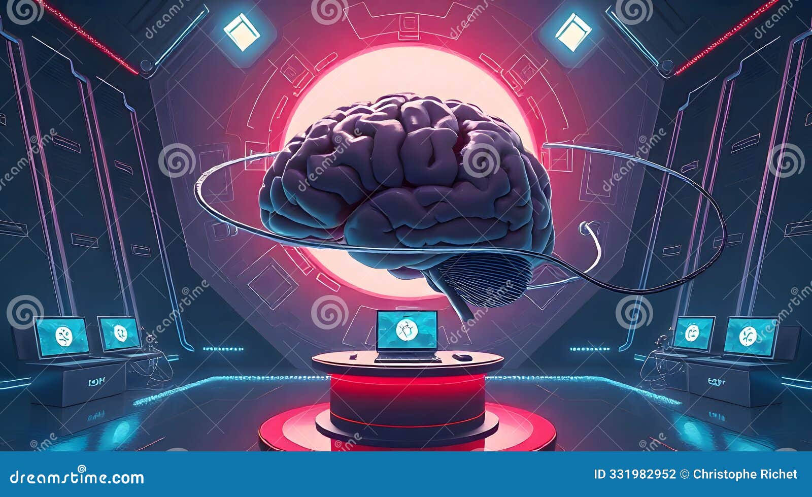 A Colossal Human Brain Connected To One or More Computers. Stock ...