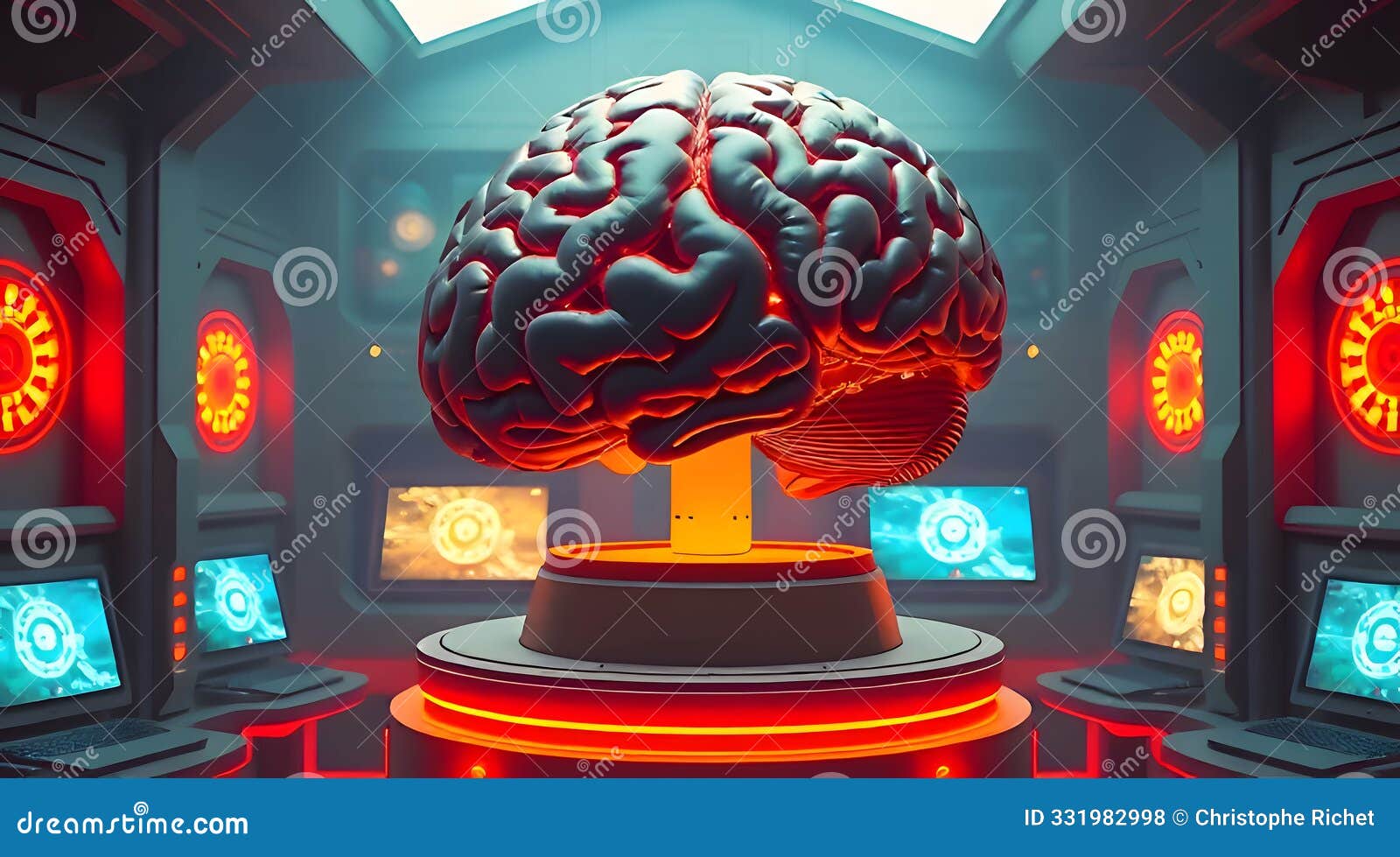 A Colossal Human Brain Connected To One or More Computers. Stock ...