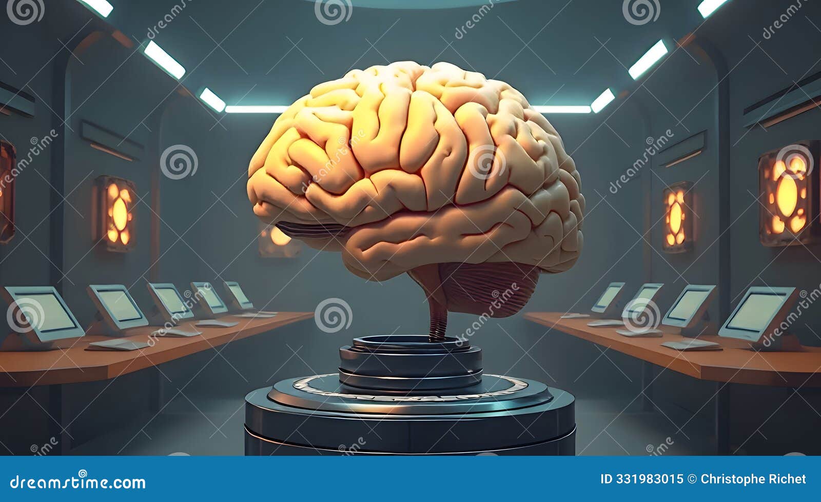 A Colossal Human Brain Connected To One or More Computers. Stock ...