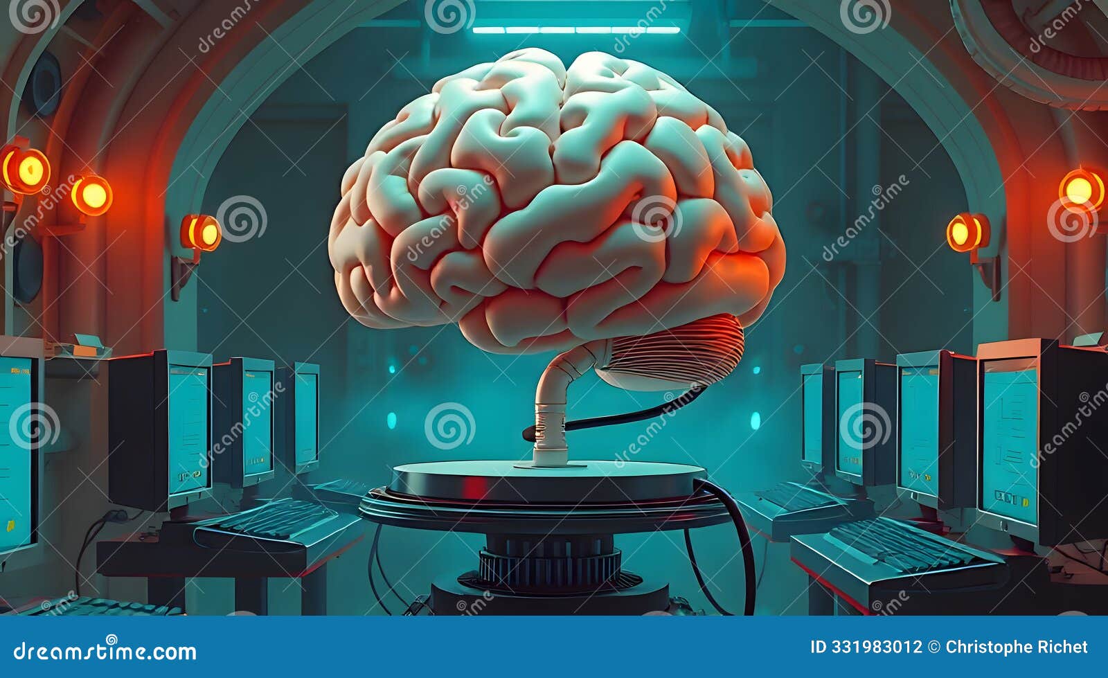 A Colossal Human Brain Connected To One or More Computers. Stock ...