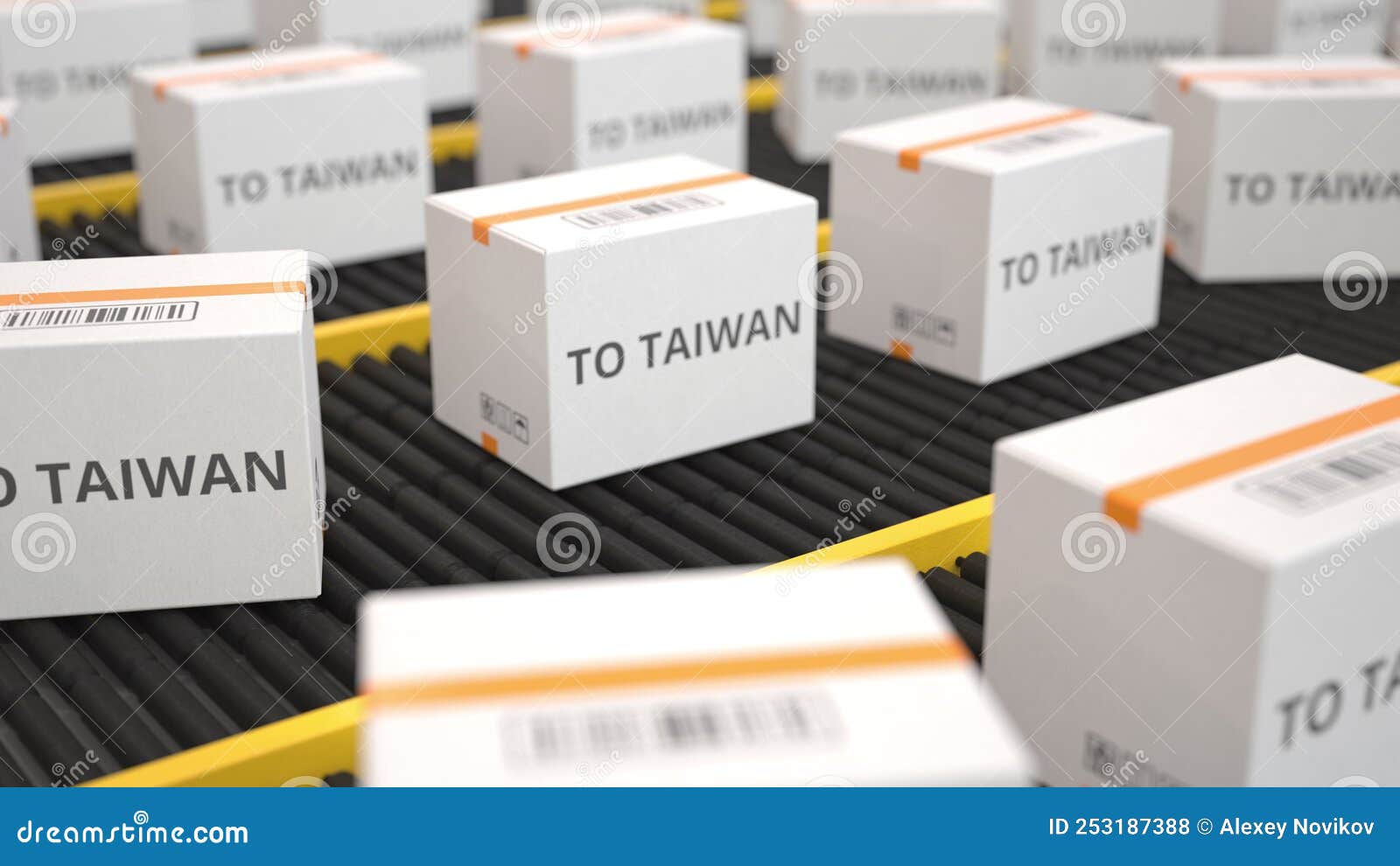 TO TAIWAN Text on White Boxes on the Industrial Conveyor. 3D Rendering ...