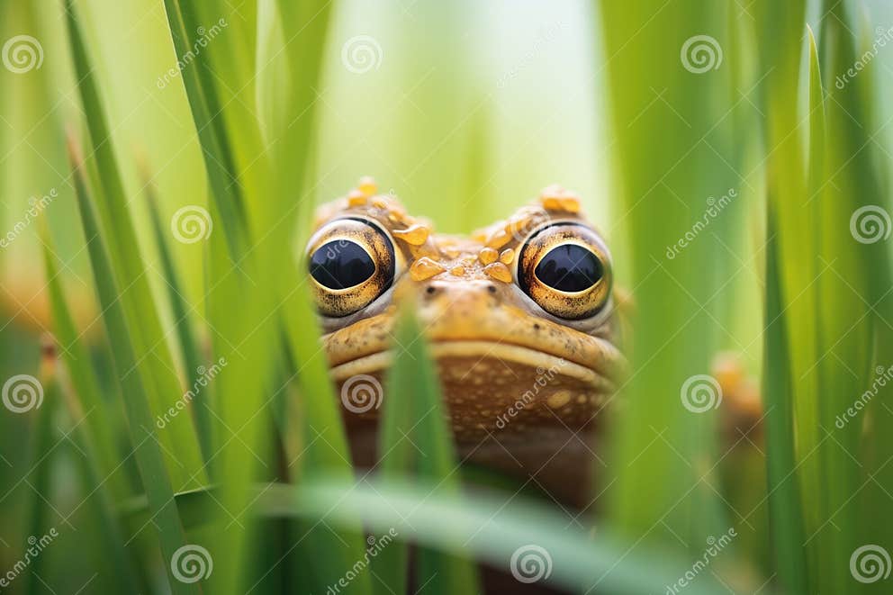 Toad Peeking from Behind Aquatic Plants Stock Photo - Image of ...