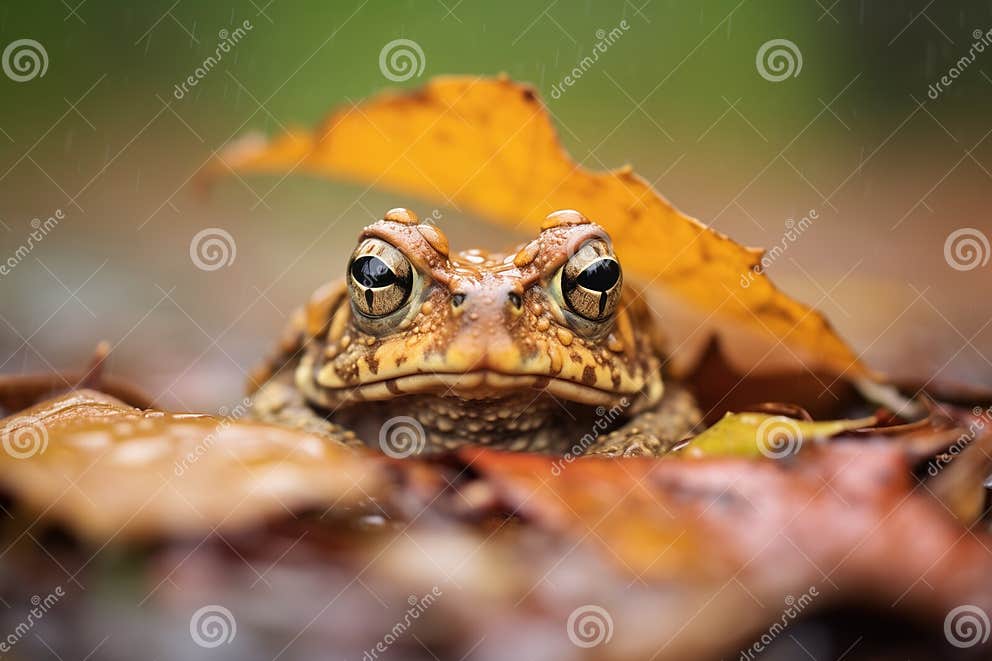 Toad under leaf in rain stock image. Image of generated - 301607021